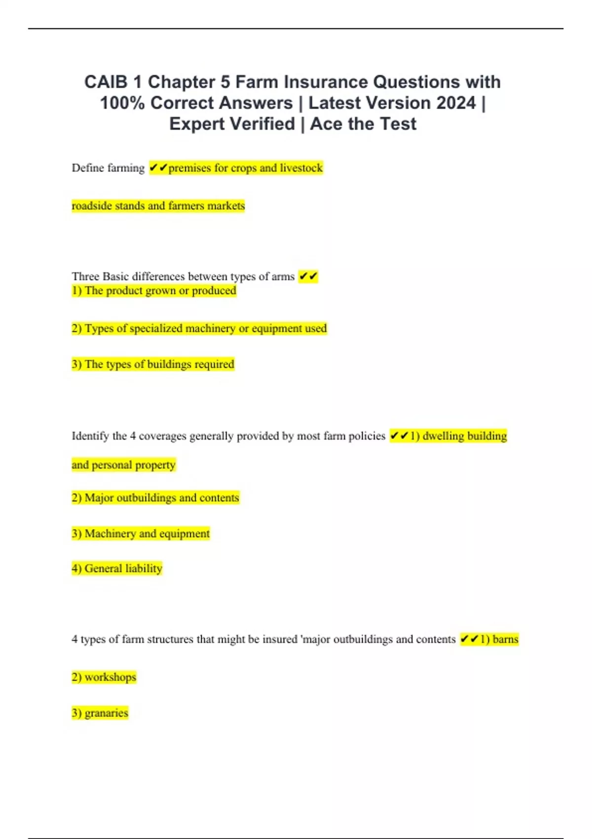 CAIB 1 Chapter 5 Farm Insurance Questions with 100% Correct Answers ...