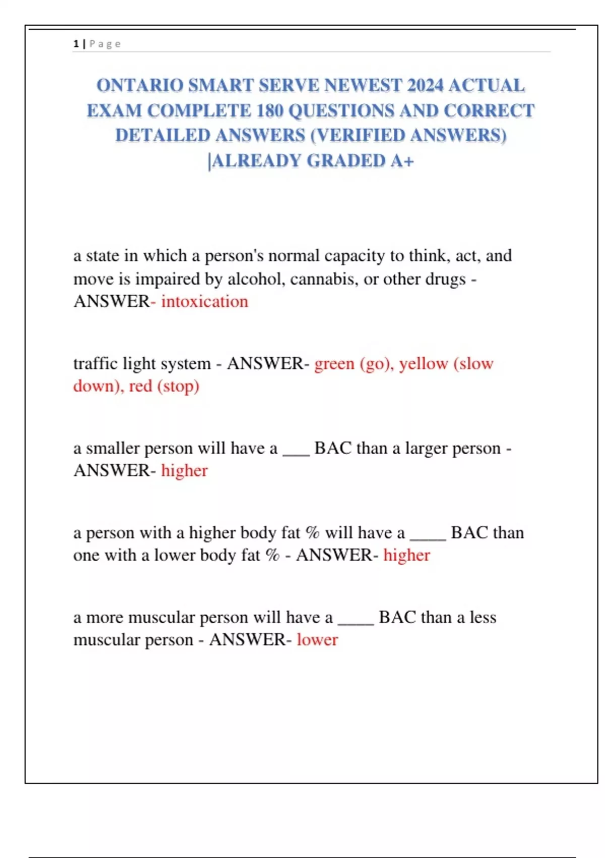 Ontario Smart Serve Newest 2024 Actual Exam Complete 180 Questions And Correct Detailed Answers