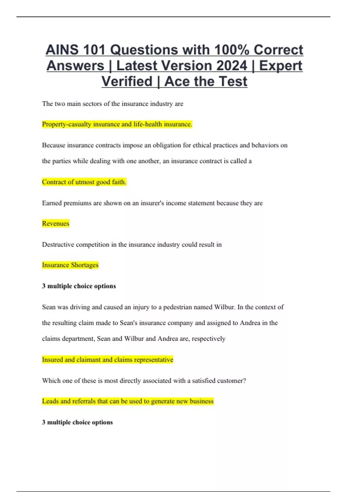 AINS 101 Questions with 100% Correct Answers | Latest Version 2024 ...