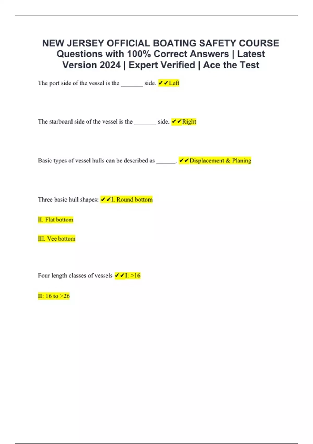 NEW JERSEY OFFICIAL BOATING SAFETY COURSE Questions with 100% Correct ...