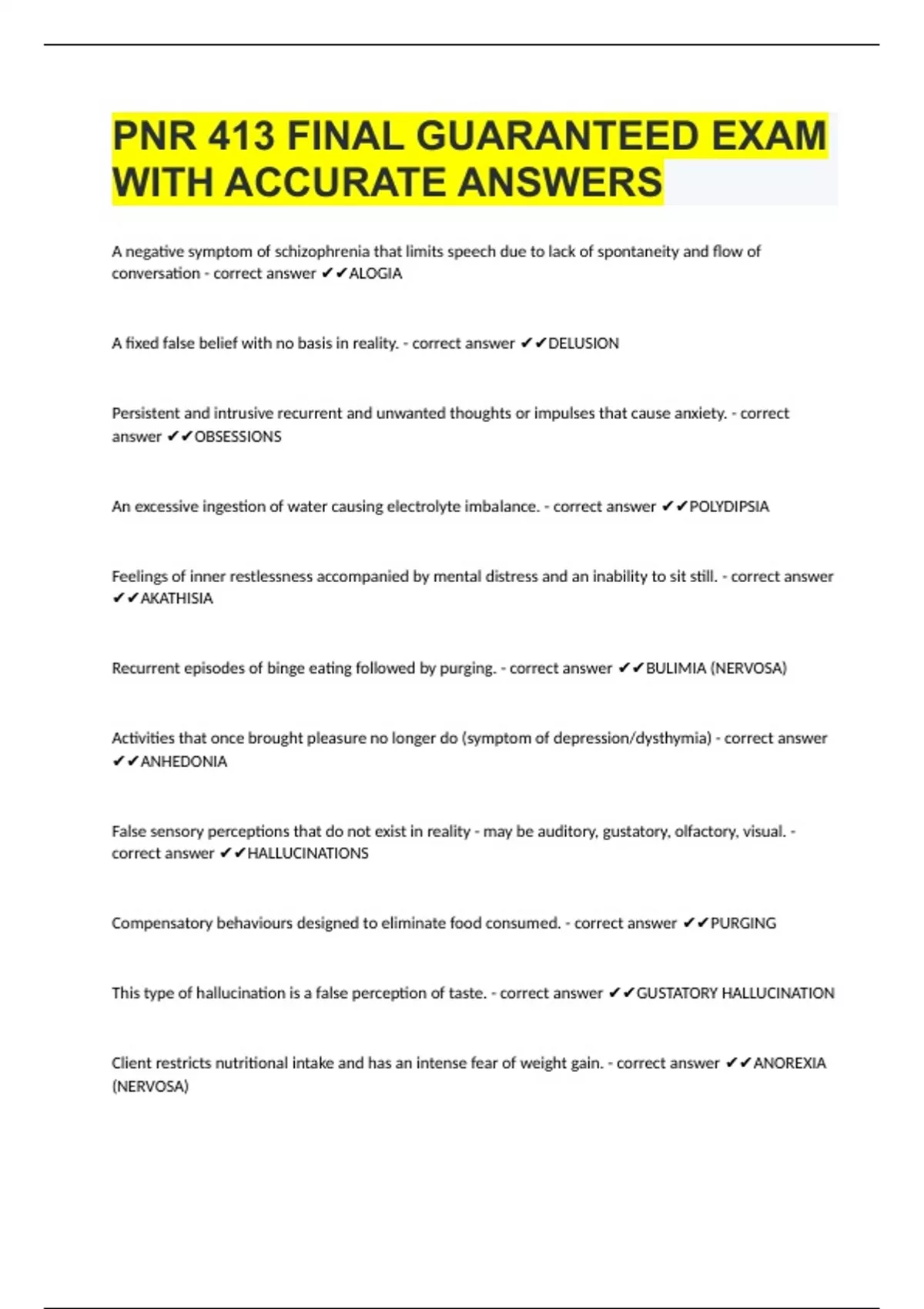 PNR 413 FINAL GUARANTEED EXAM WITH ACCURATE ANSWERS - PNR - Stuvia US