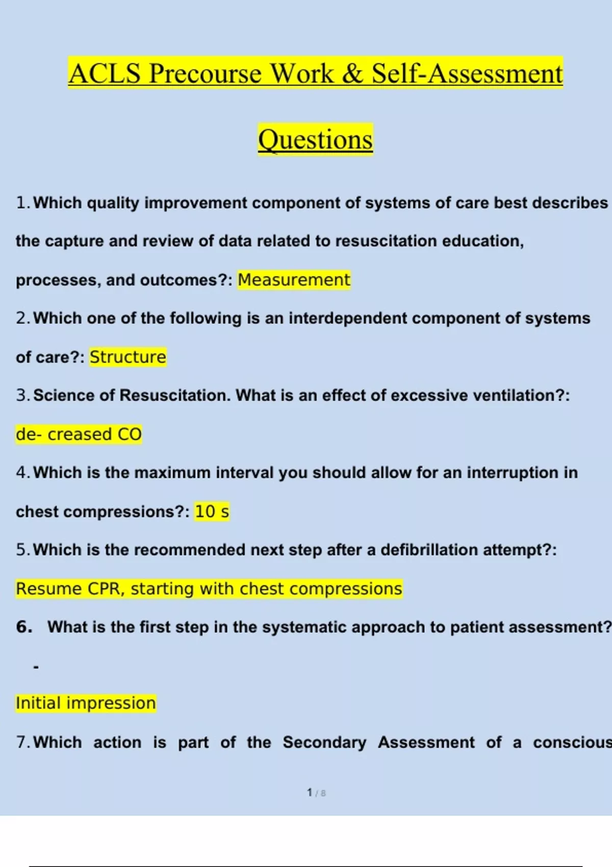ACLS Precourse Work & Self-Assessment Questions and Answers (2024 / ...