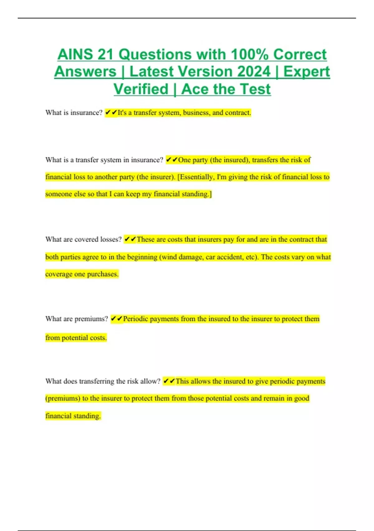 AINS 21 Questions with 100% Correct Answers | Latest Version 2024 ...