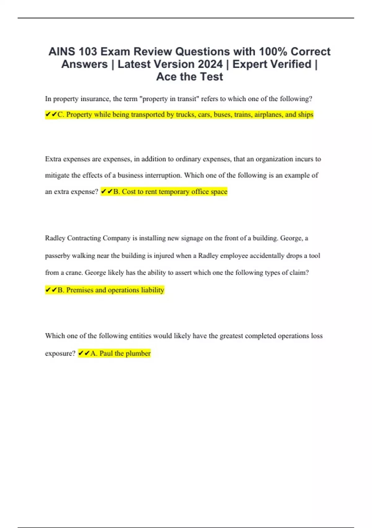 AINS 103 Exam Review Questions with 100% Correct Answers | Latest ...