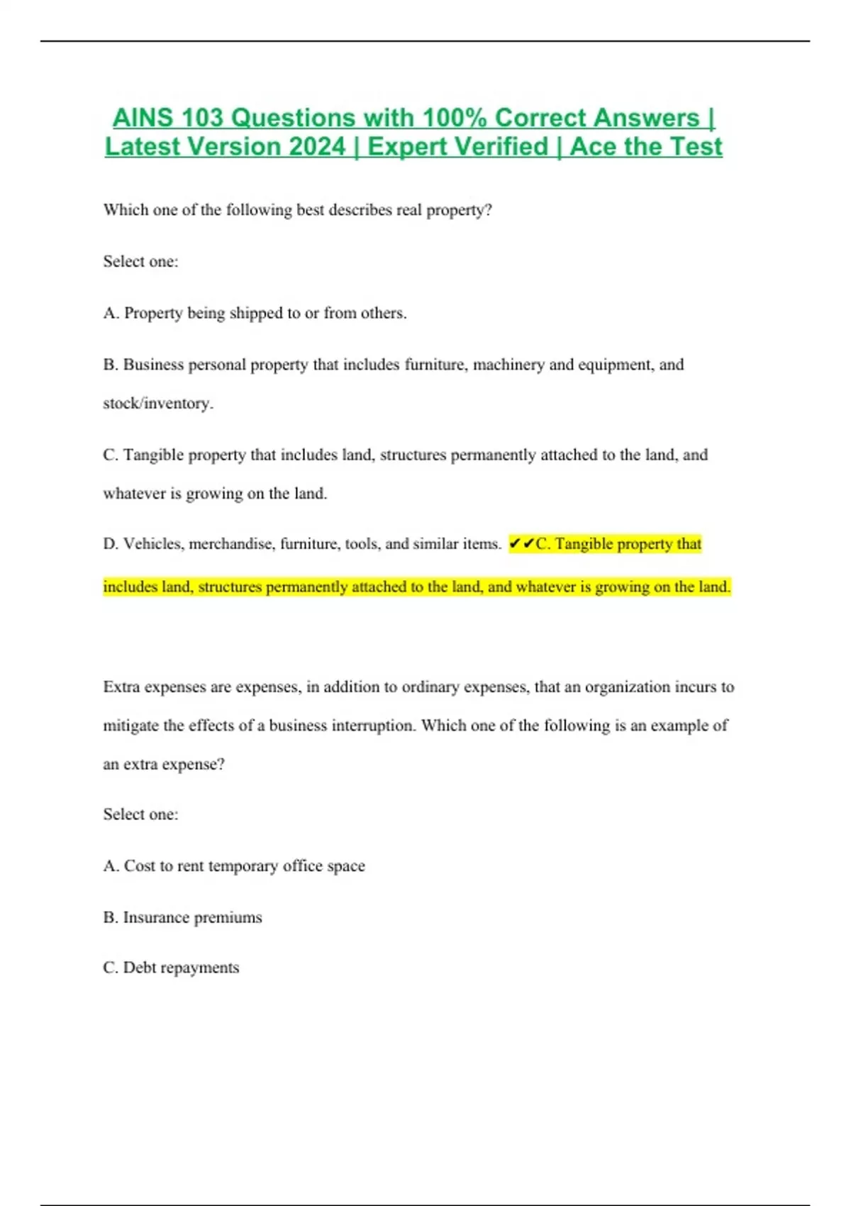 AINS 103 Questions with 100% Correct Answers | Latest Version 2024 ...