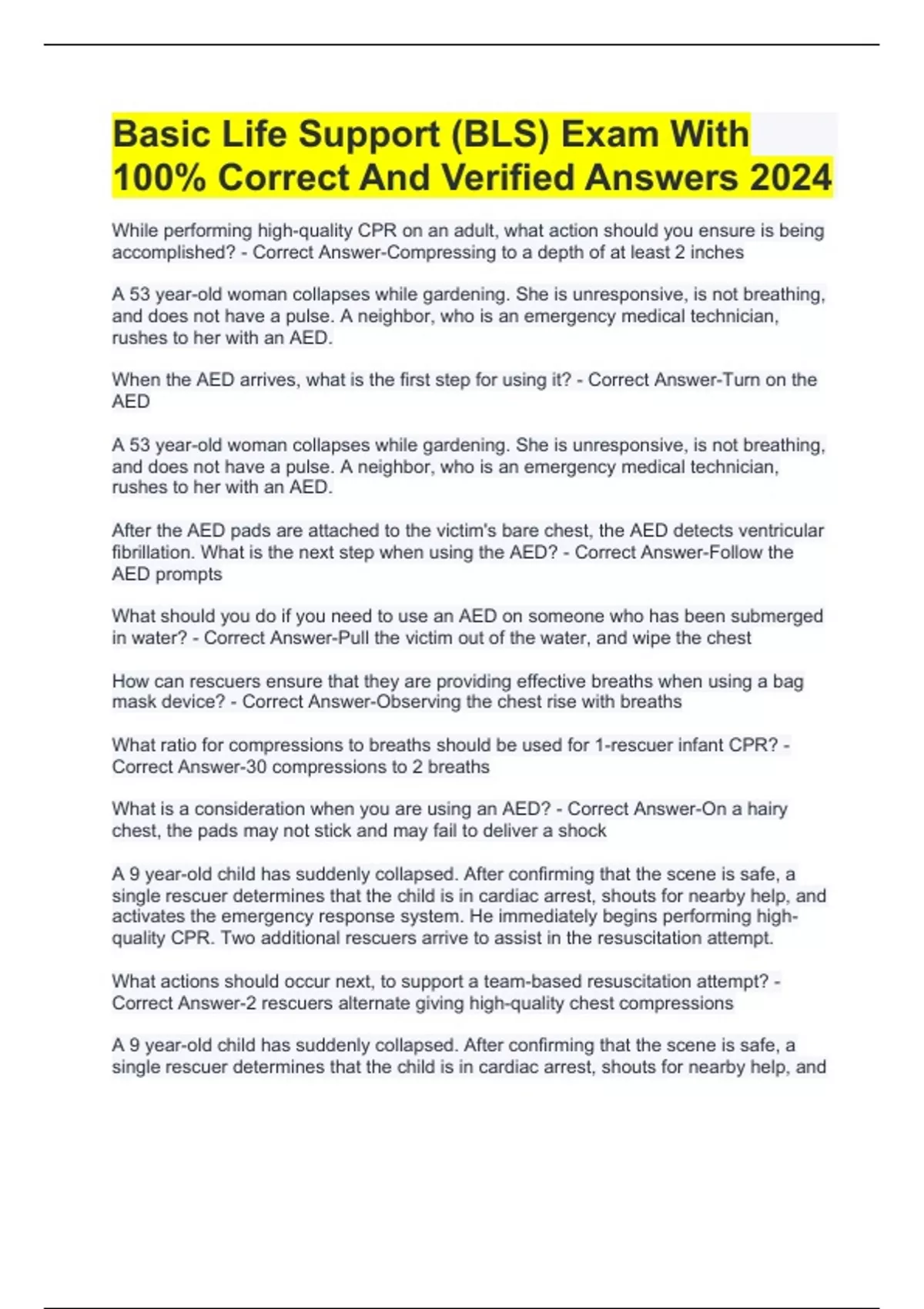 Basic Life Support (BLS) Exam With 100% Correct And Verified Answers ...