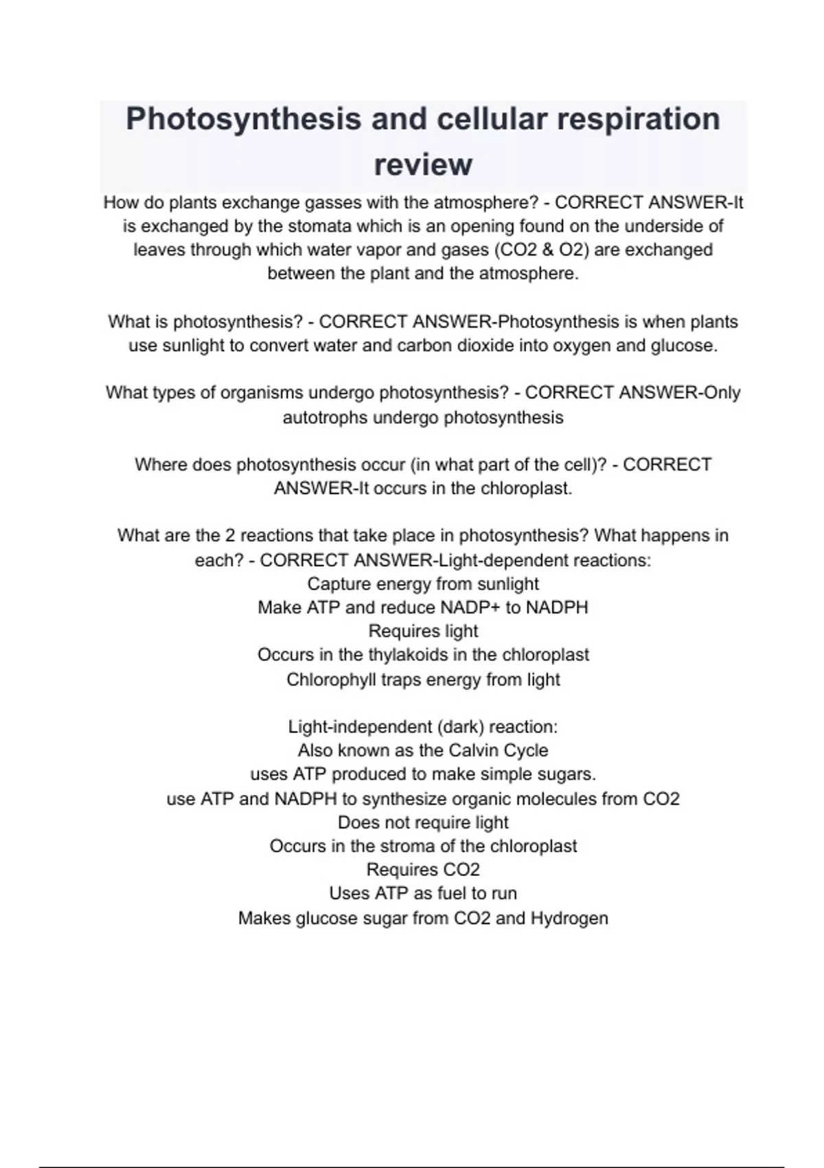 Photosynthesis and cellular respiration review with complete solution ...