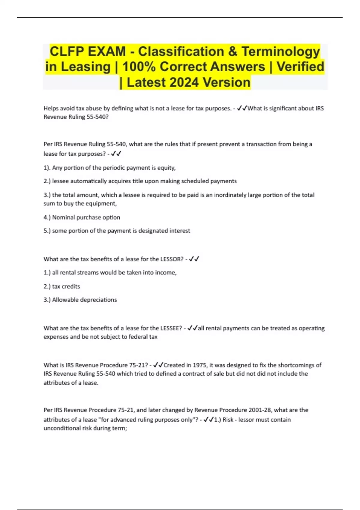 CLFP EXAM - Classification & Terminology in Leasing | 100% Correct ...