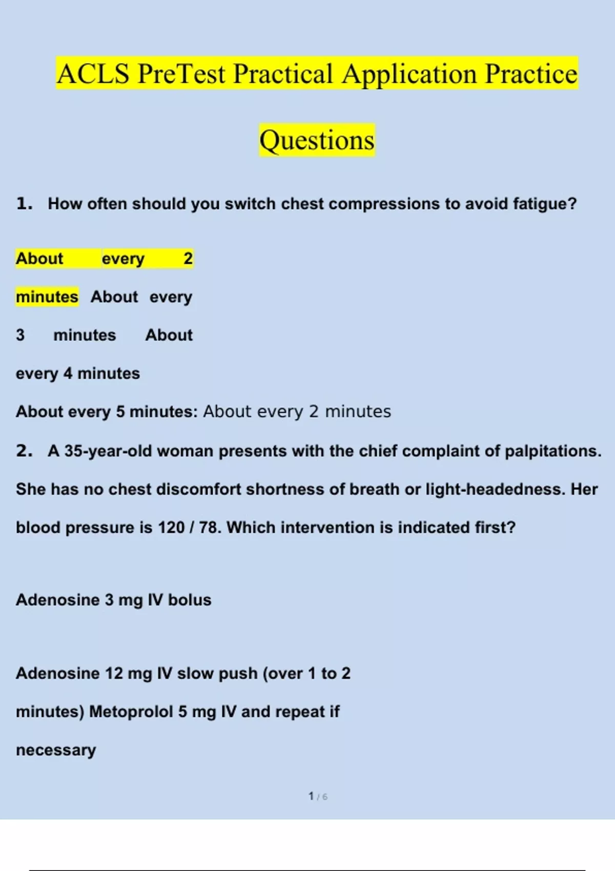 ACLS PreTest Practical Application Practice Questions and Answers (2024 ...