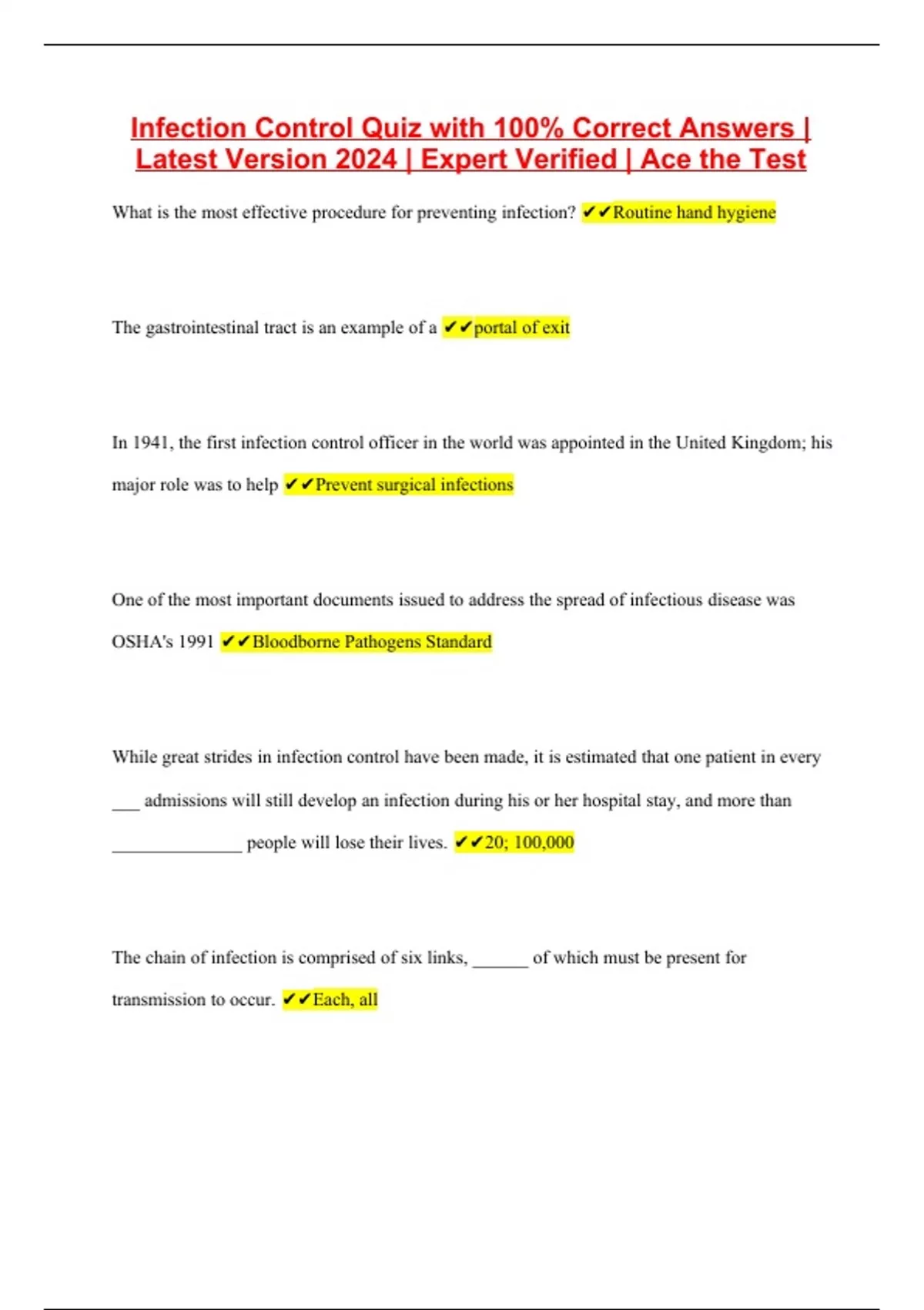 Infection Control Quiz with 100% Correct Answers | Latest Version 2024 ...