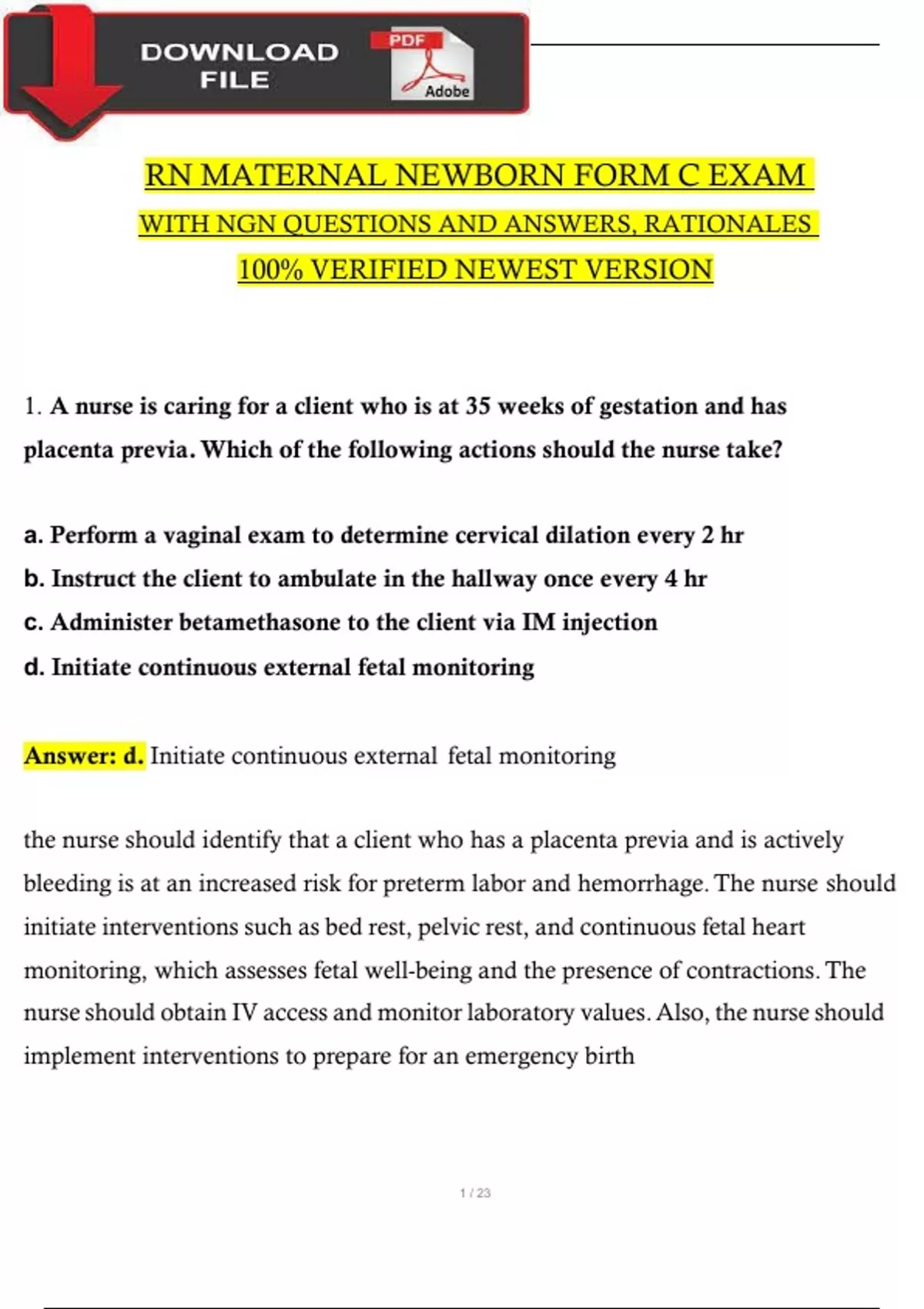 RN Maternal Newborn Ati Proctored 2024 Form C Exam With NGN Questions And Answers, Rationales ...