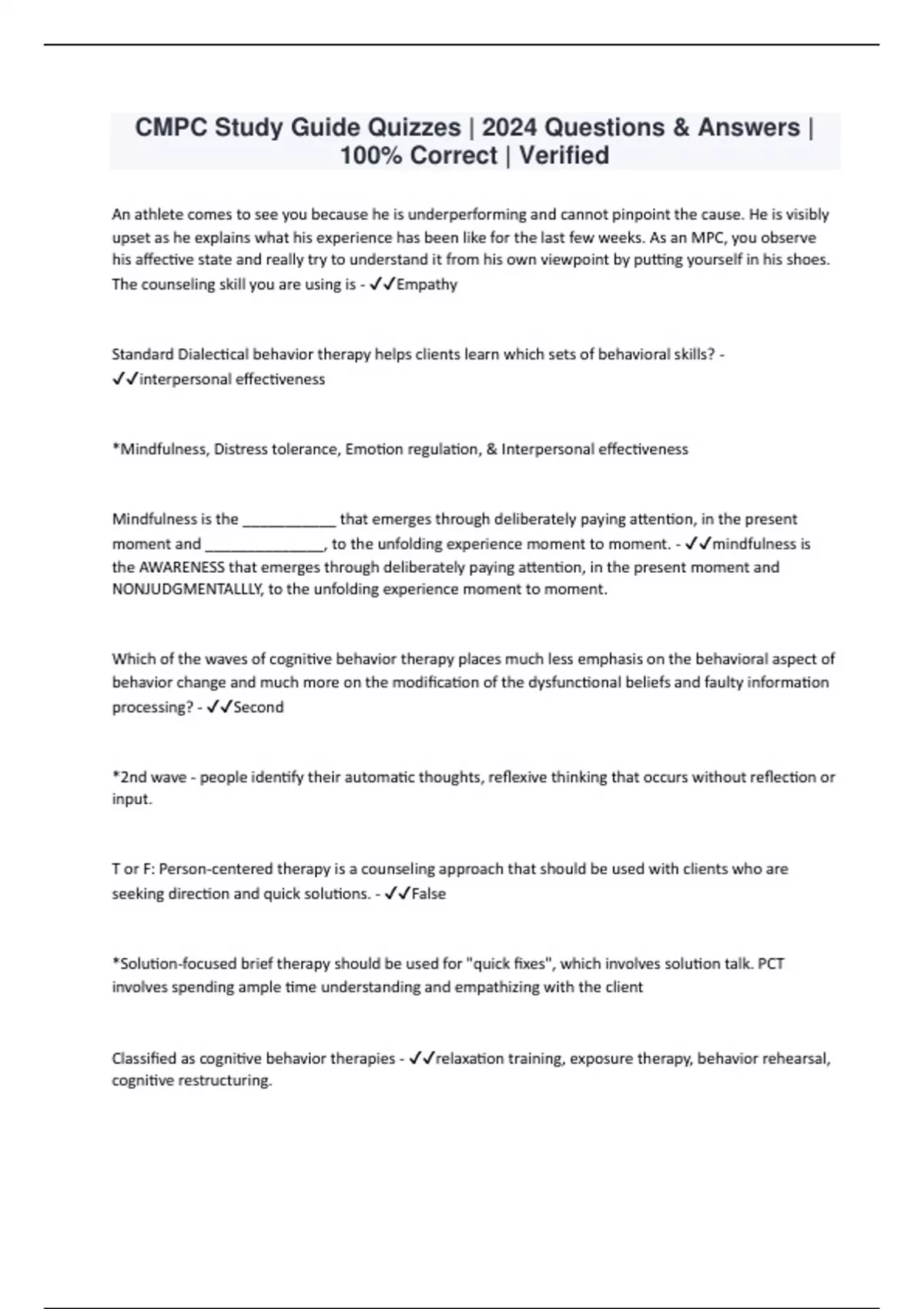 CMPC Study Guide Quizzes | 2024 Questions & Answers | 100% Correct | Verified - CMPC Study ...