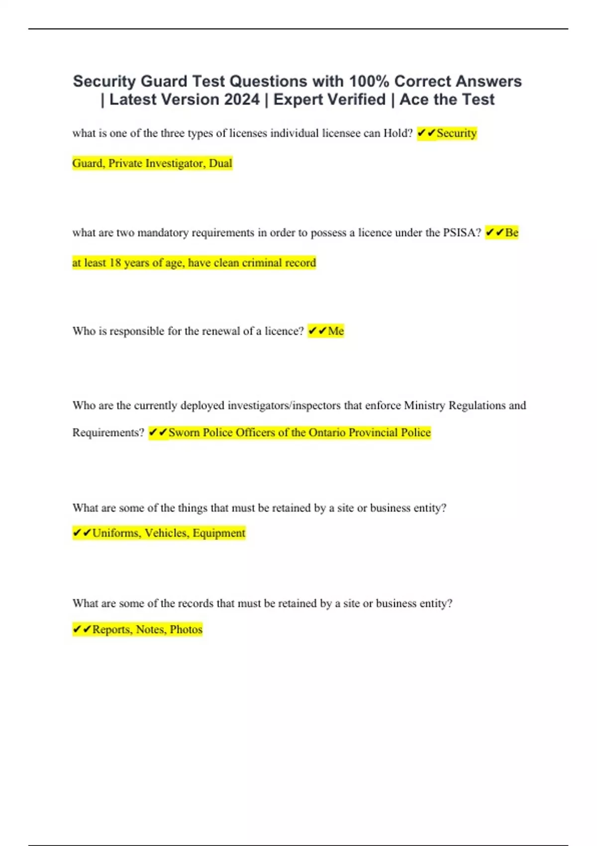 Security Guard Test Questions With 100 Correct Answers Latest Version 2024 Expert Verified