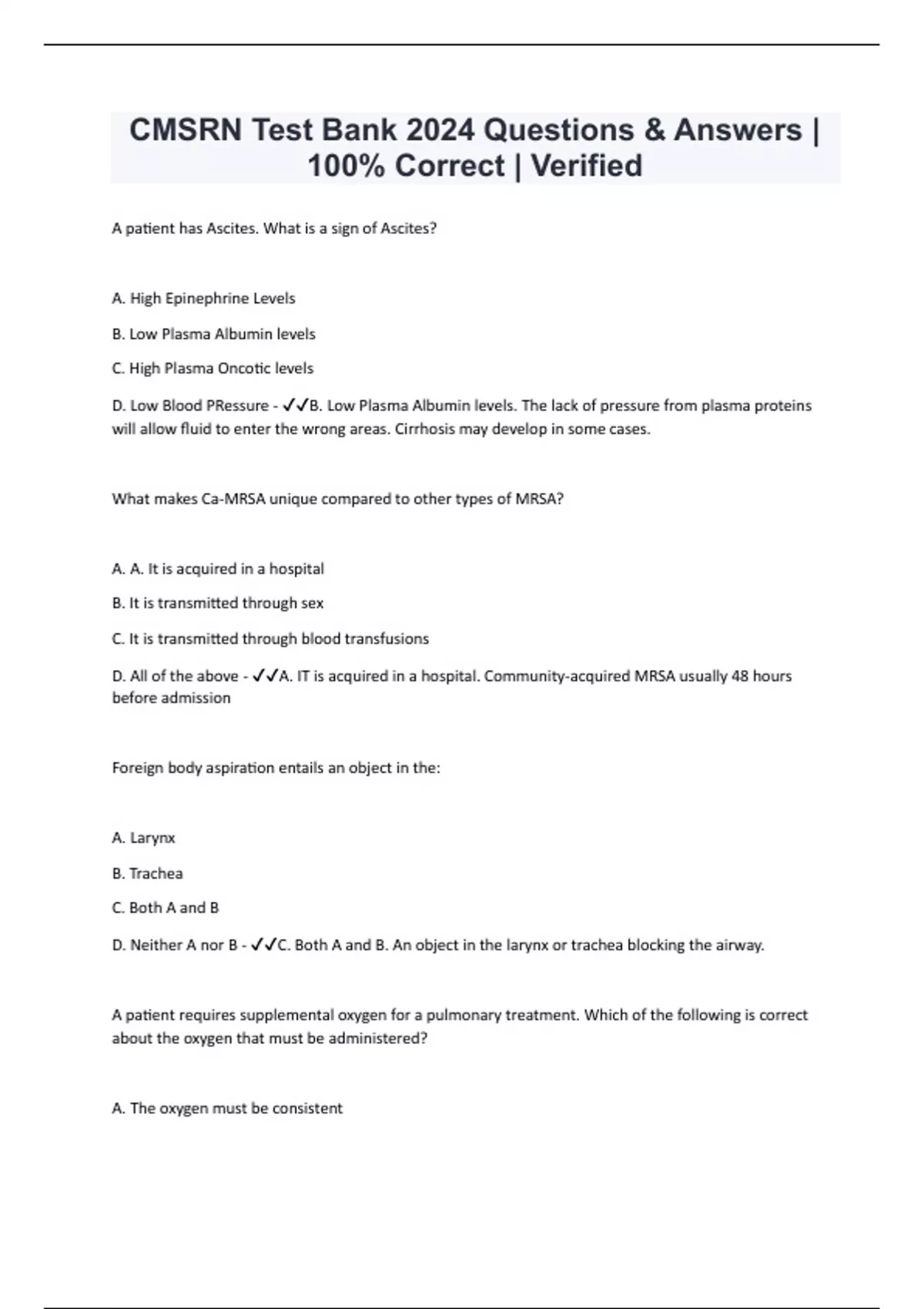 CMSRN Test Bank 2024 Questions & Answers | 100% Correct | Verified ...