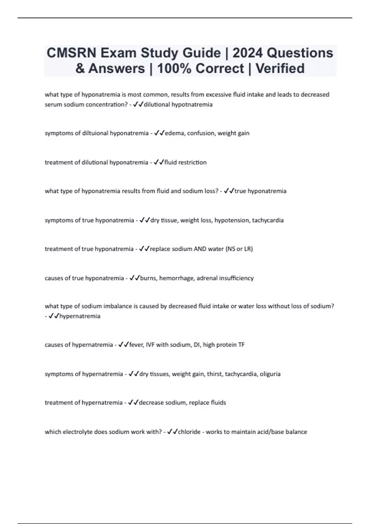 CMSRN Exam Study Guide | 2024 Questions & Answers | 100% Correct | Verified - CMSRN - Stuvia US