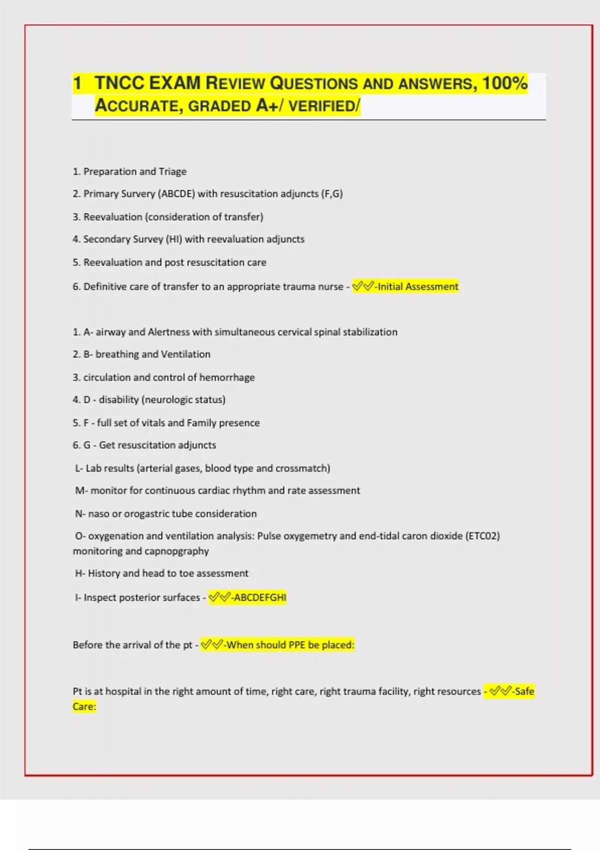 TNCC EXAM REVIEW QUESTIONS AND ANSWERS, 100% ACCURATE, GRADED A+ ...
