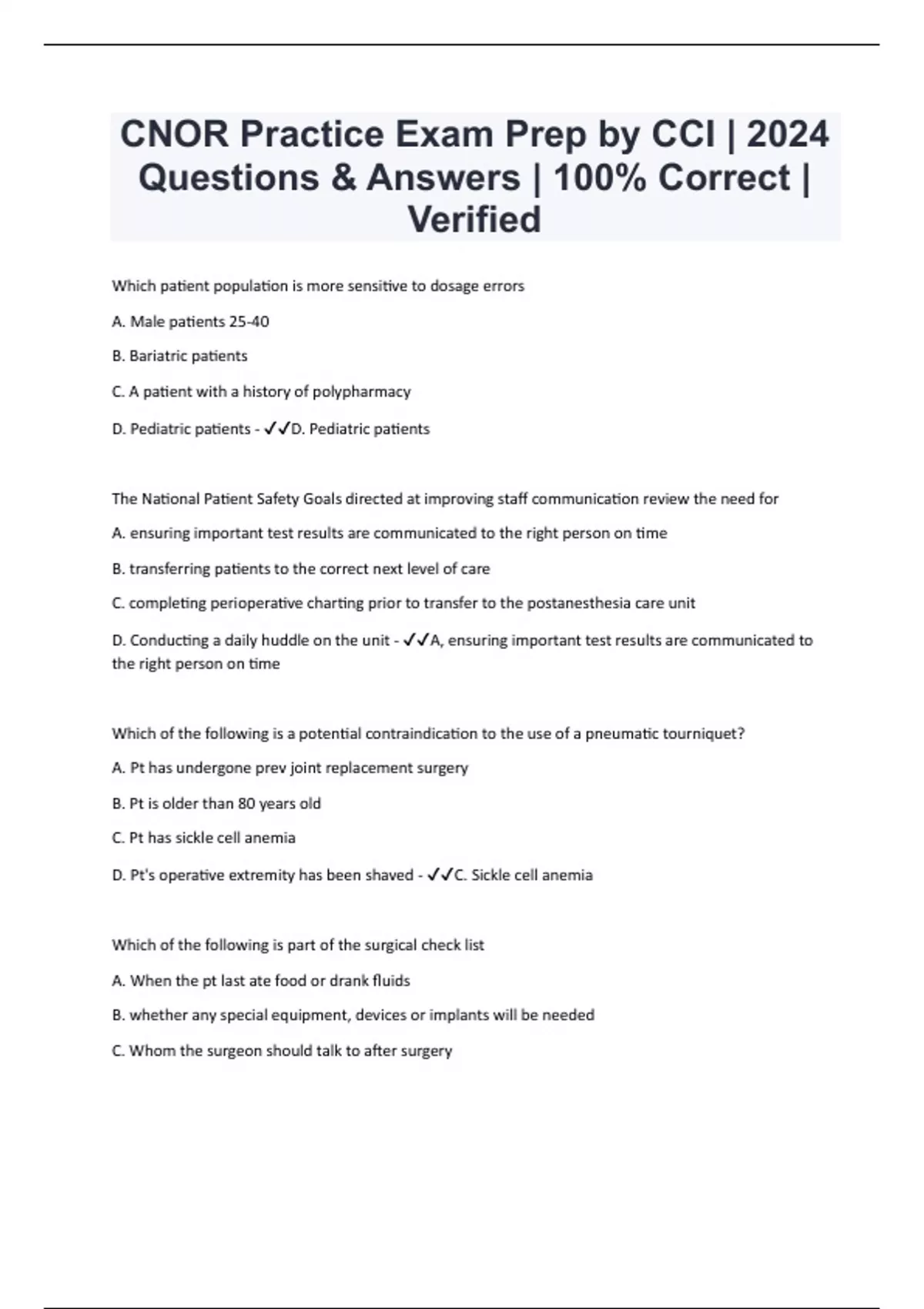 Cnor Practice Exam Prep By Cci 2024 Questions And Answers 100 Correct Verified Cnor