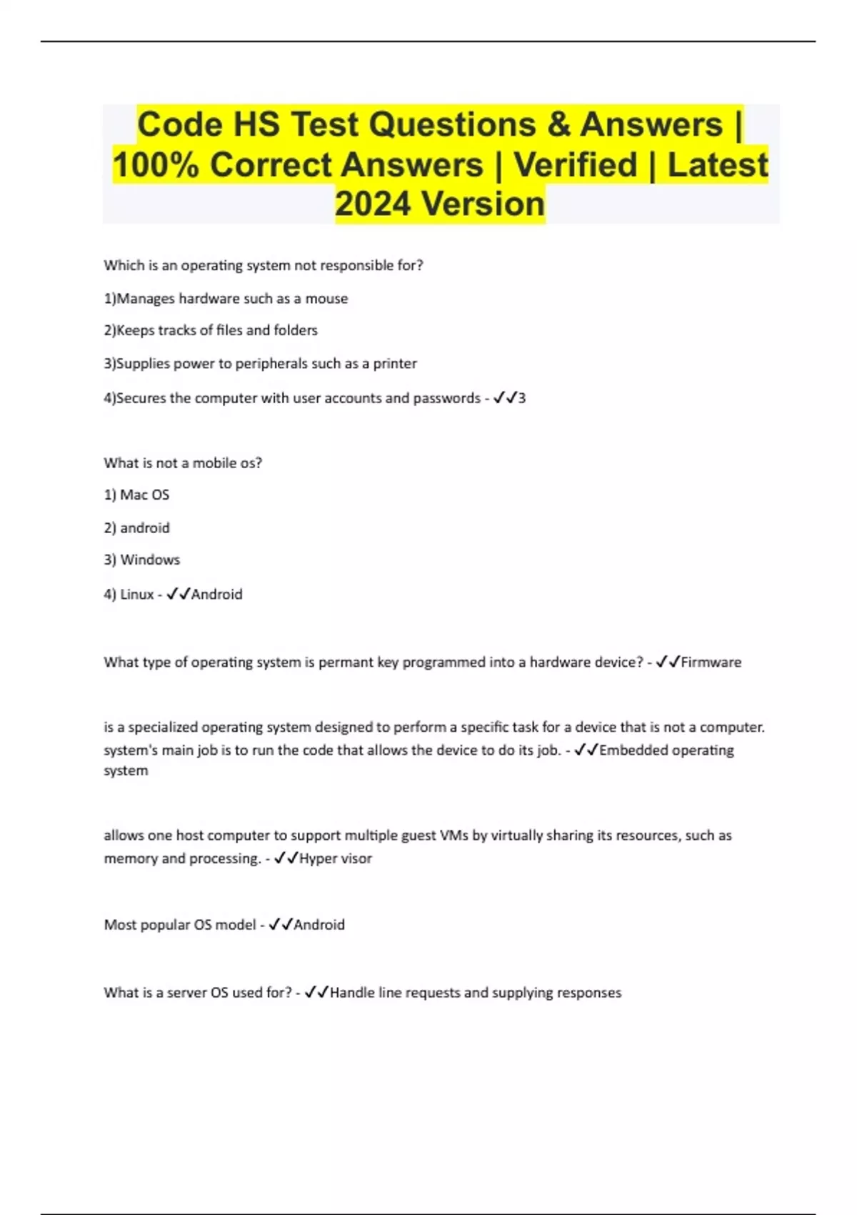Code HS Test Questions & Answers | 100% Correct Answers | Verified ...