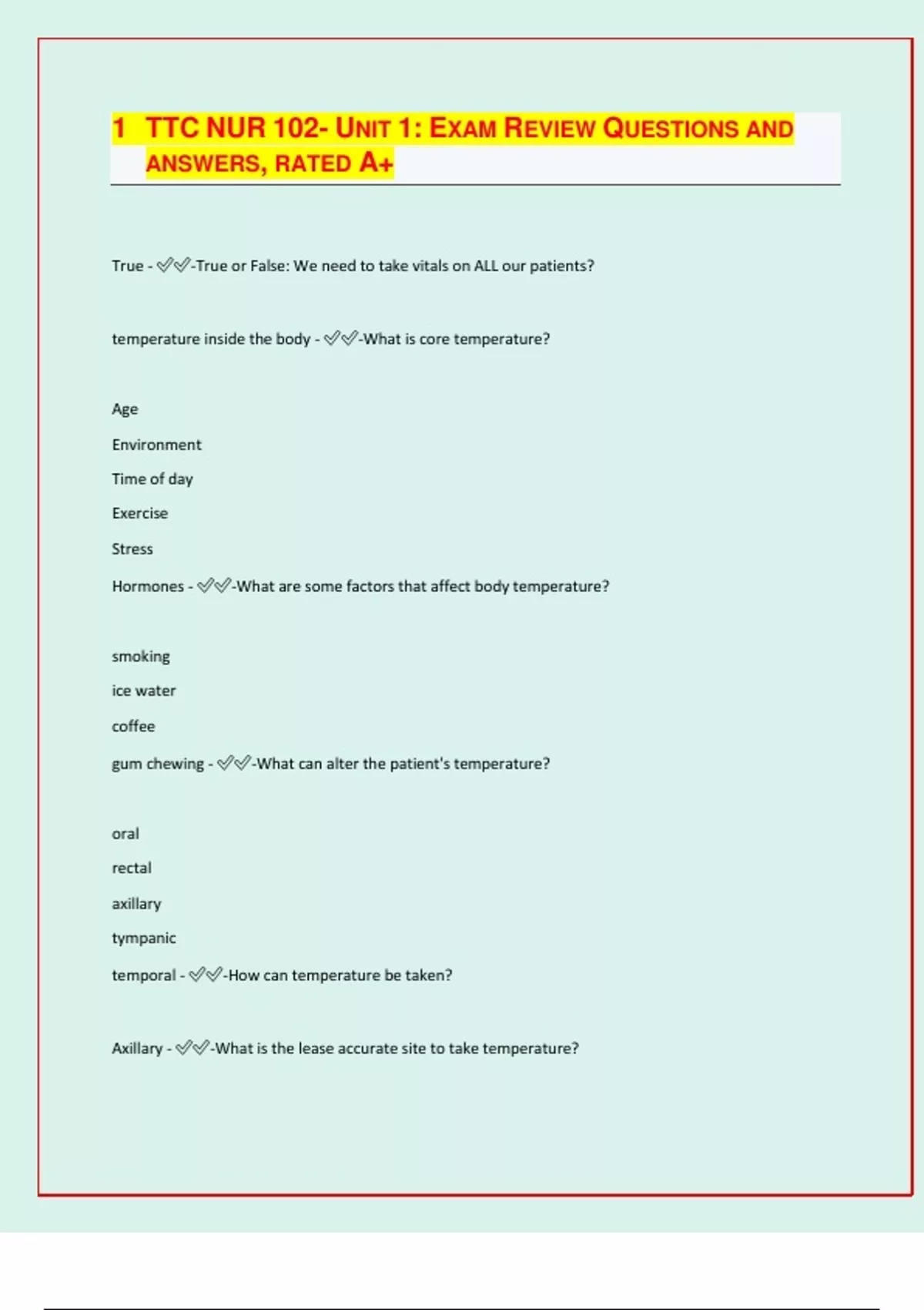 TTC NUR 102- UNIT 1: EXAM REVIEW QUESTIONS AND ANSWERS, RATED A+ ...