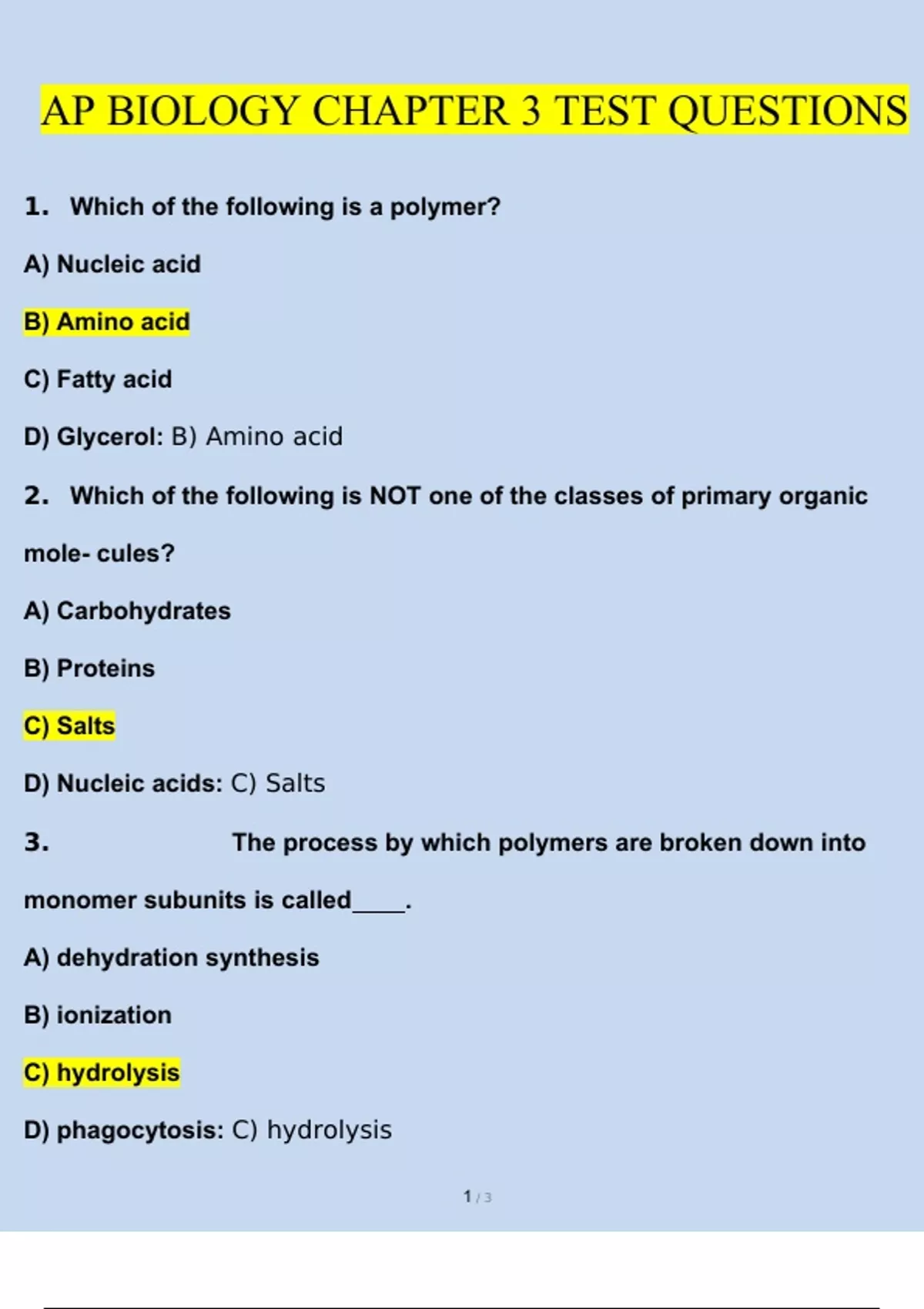 ap biology chapter 3 test Questions and Answers (2024 / 2025) (Verified ...