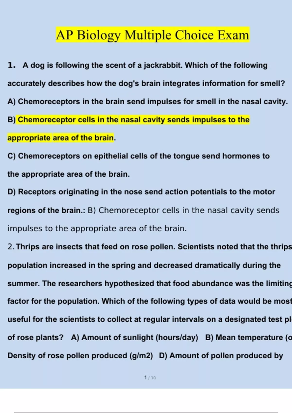 AP Biology Multiple Choice Exam Questions and Answers (2024 / 2025 ...