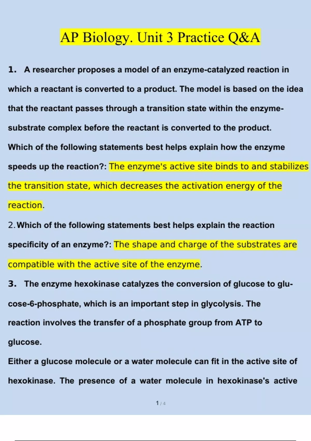 AP Biology. Unit 3 Practice Questions and Answers (2024 / 2025 ...
