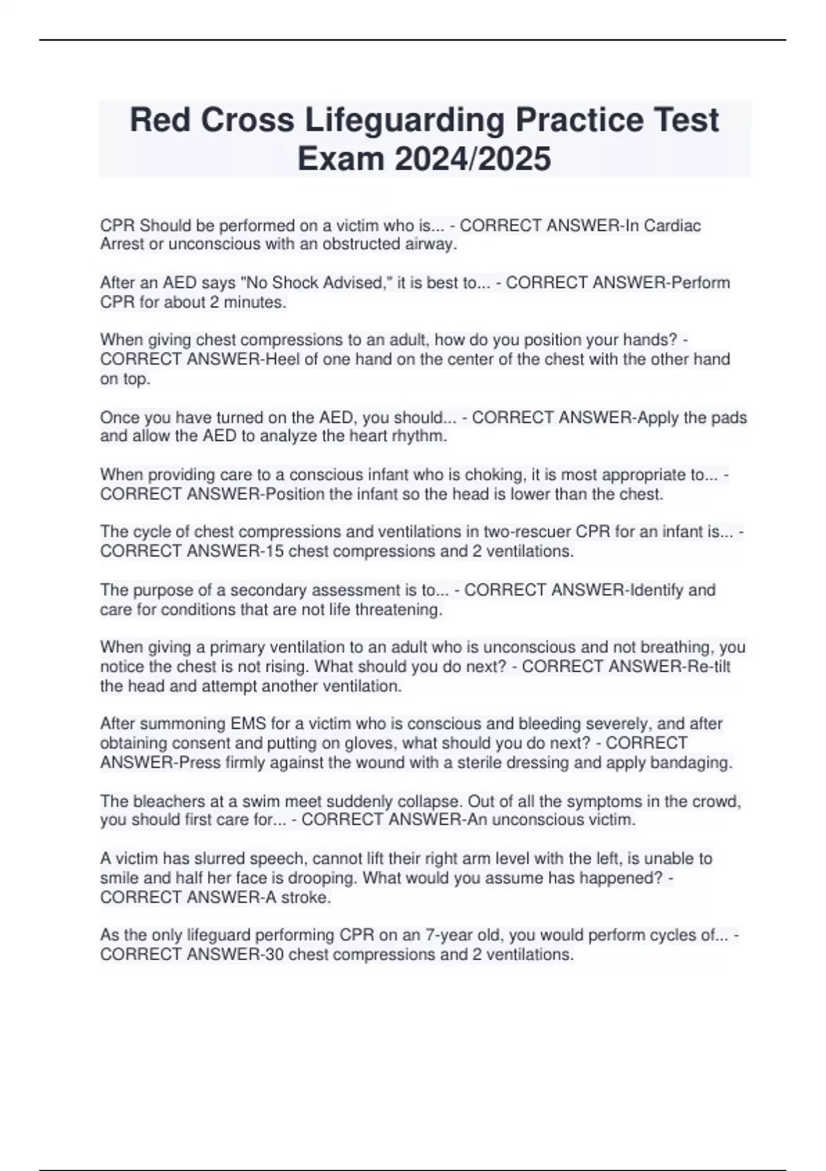 Red Cross Lifeguarding Practice Test Exam 2024/2025 - Red Cross ...
