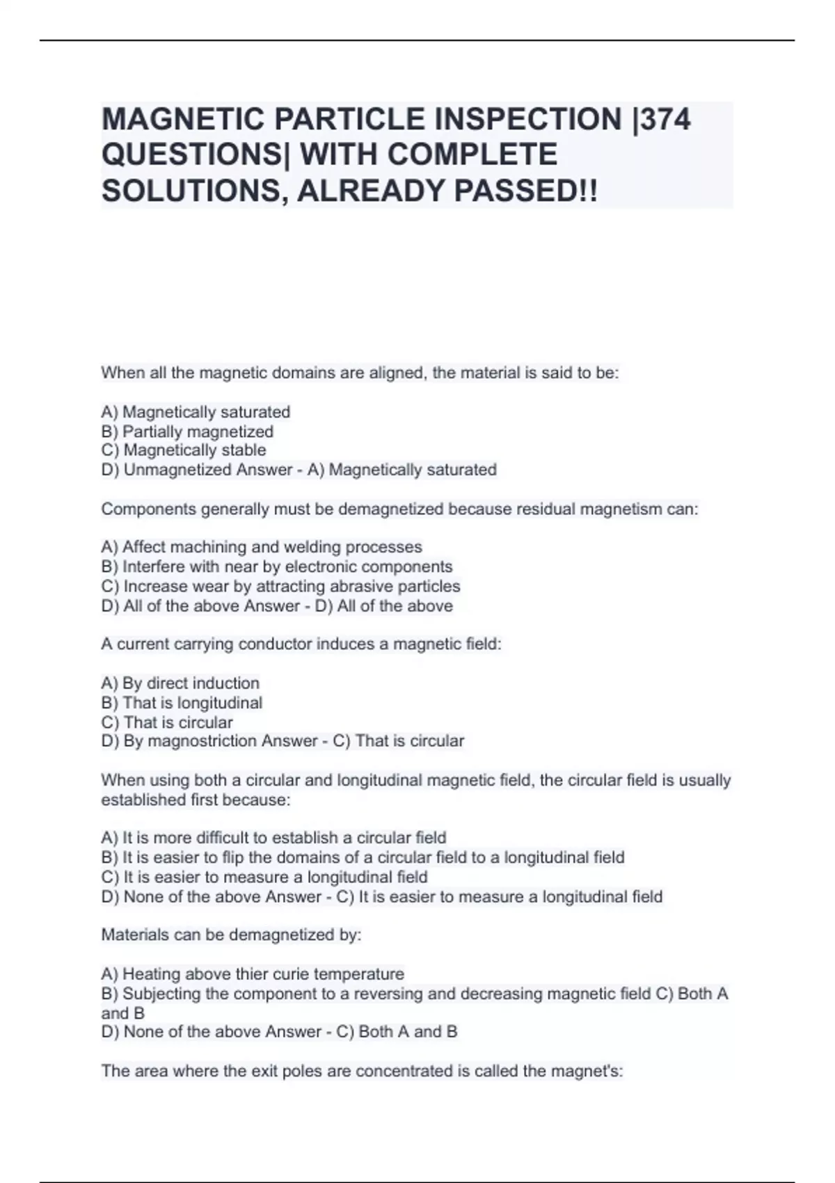 MAGNETIC PARTICLE INSPECTION |374 QUESTIONS| WITH COMPLETE SOLUTIONS ...