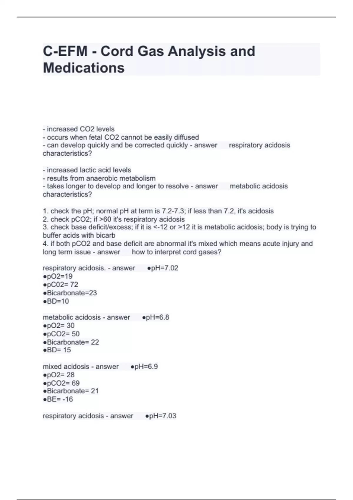 C-EFM - Cord Gas Analysis and Medications Questions with correct ...