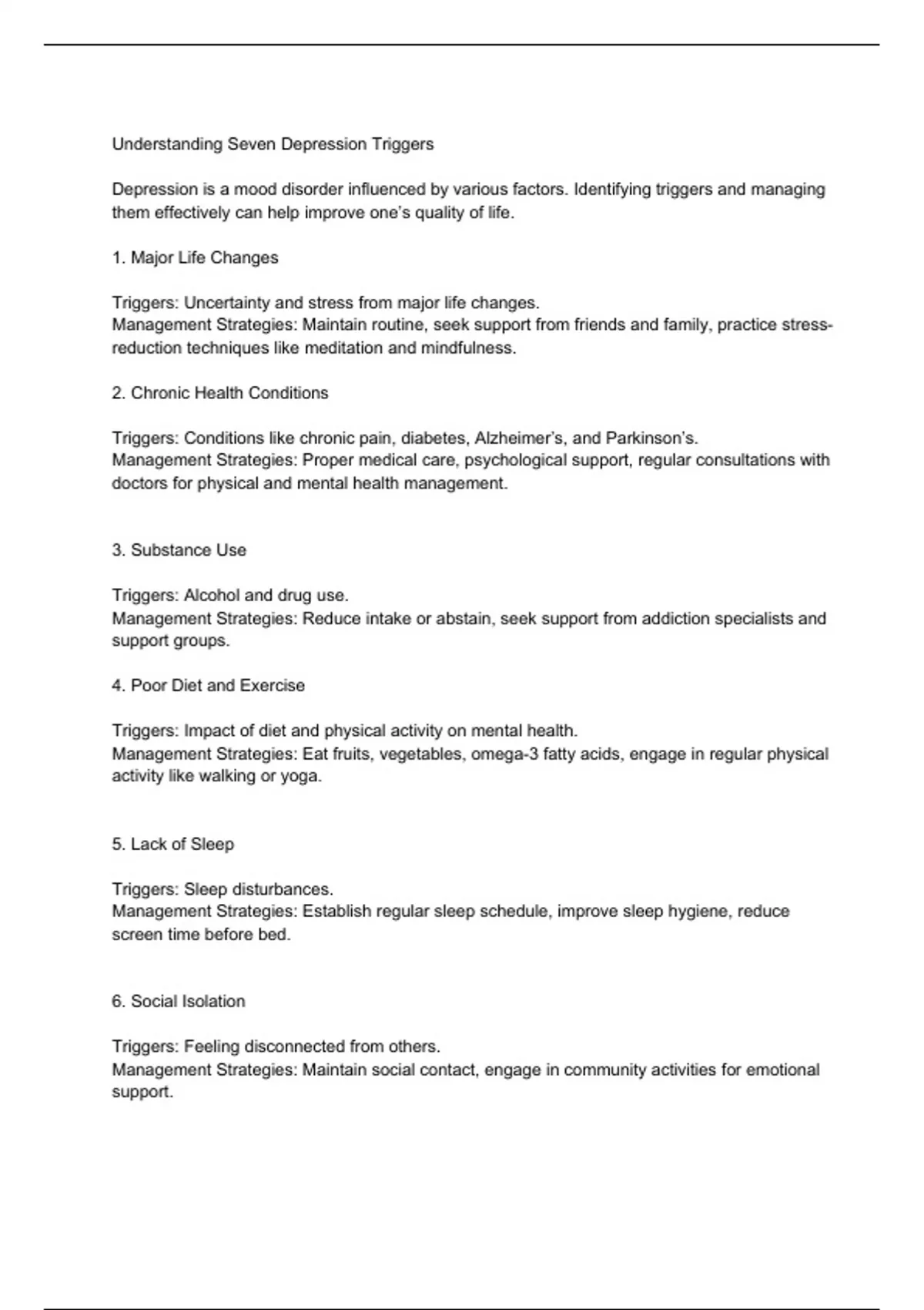 Summary Understanding Seven Depression Triggers. - English - Stuvia US