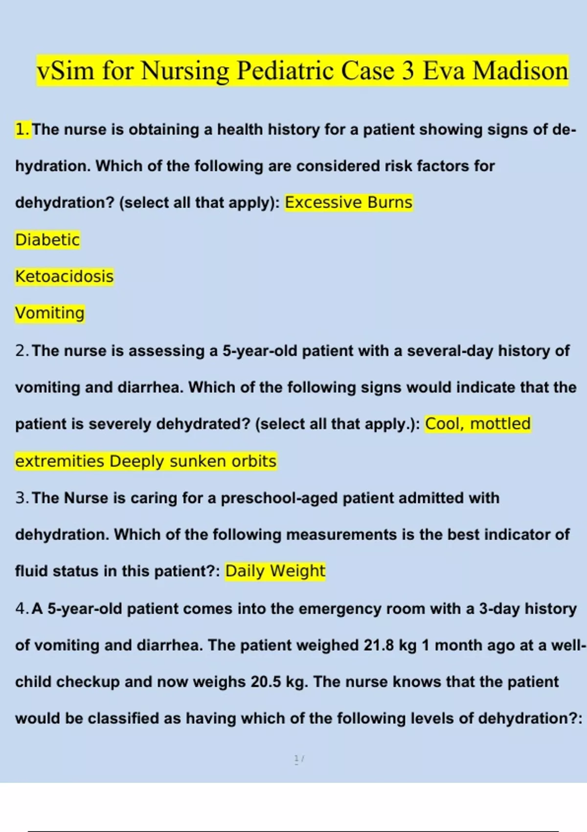 vSim for Nursing Pediatric Case 3 Eva Madison Questions and Answers ...