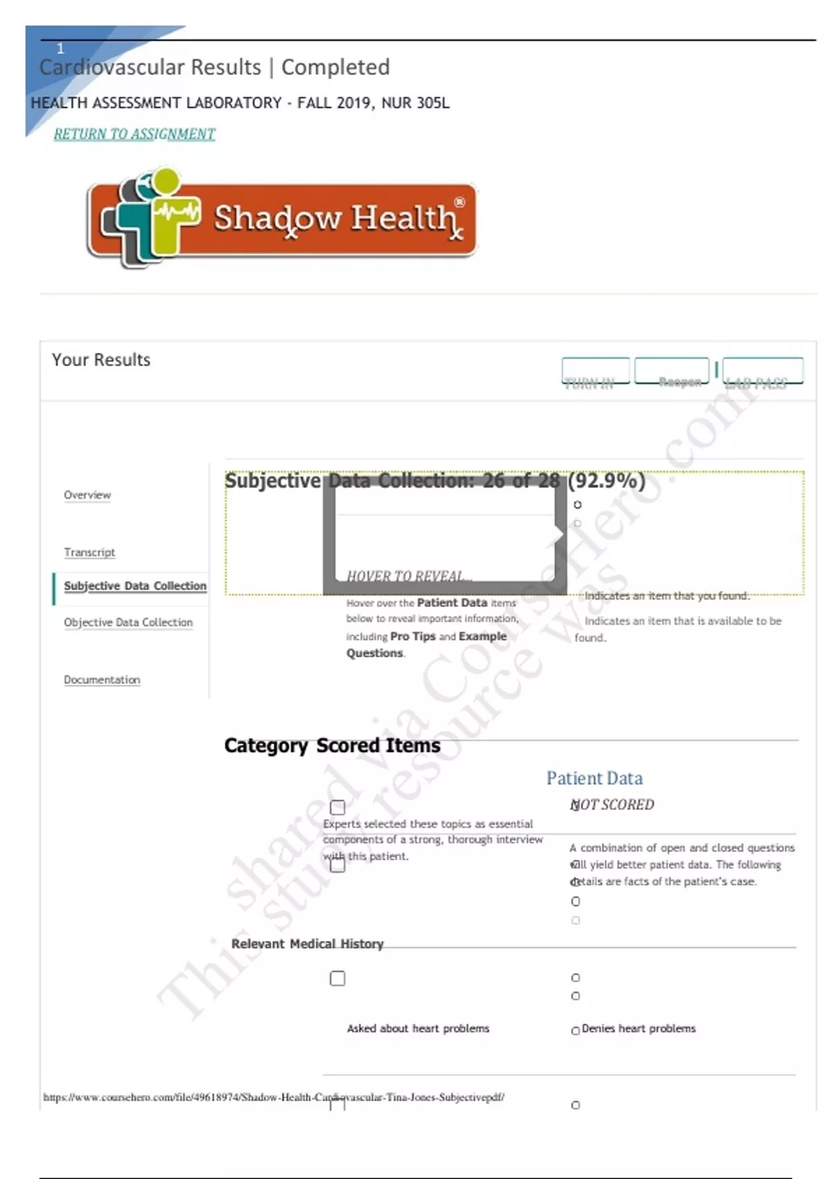 Shadow Health Cardiovascular Tina Jones Subjective 2024/2025 Questions ...