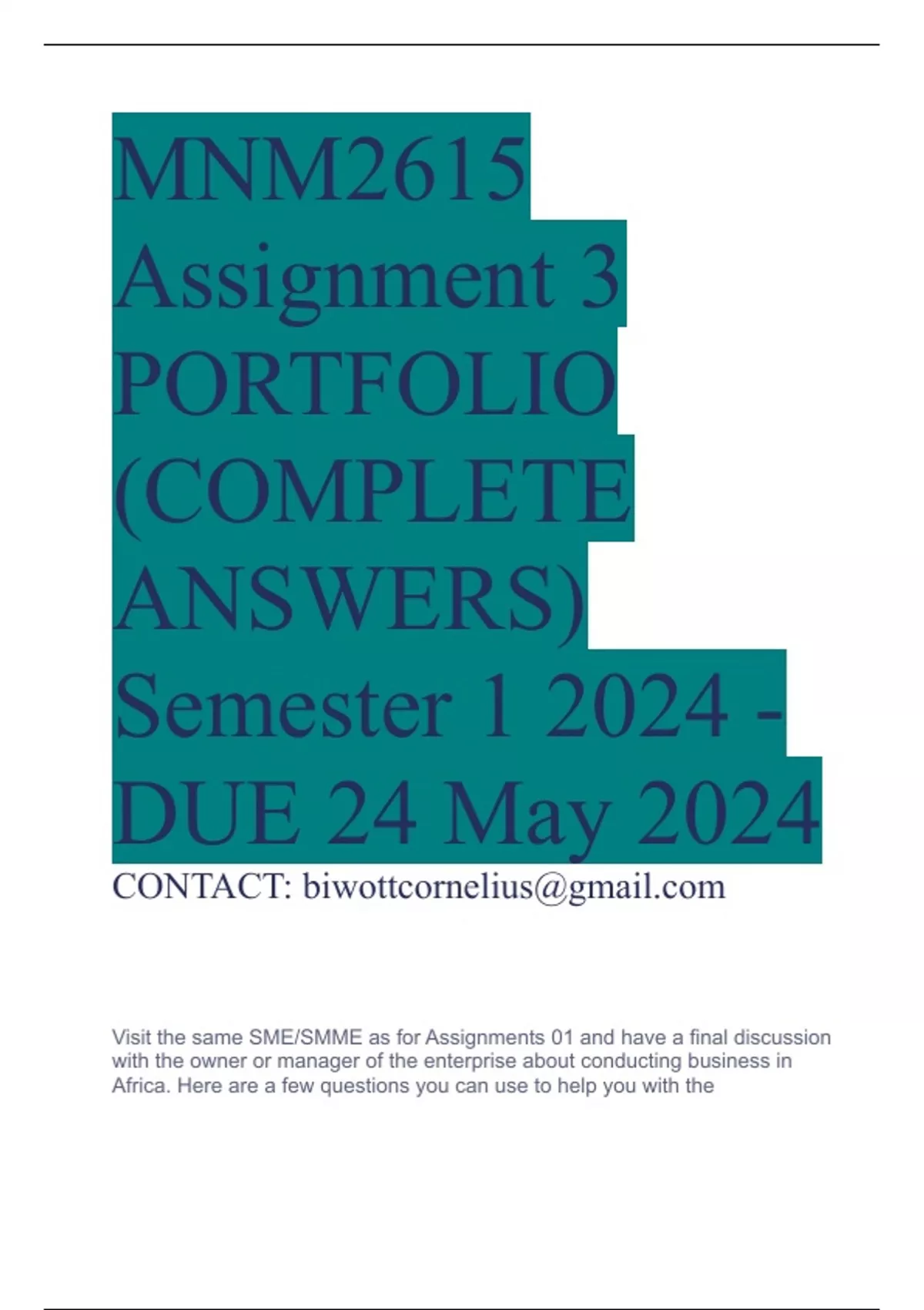 MNM2615 Assignment 3 PORTFOLIO (COMPLETE ANSWERS) Semester 1 2024 - DUE ...