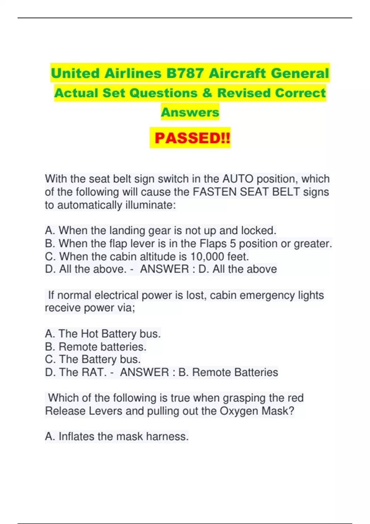 United Airlines B787 Aircraft General Actual Set Questions & Revised ...