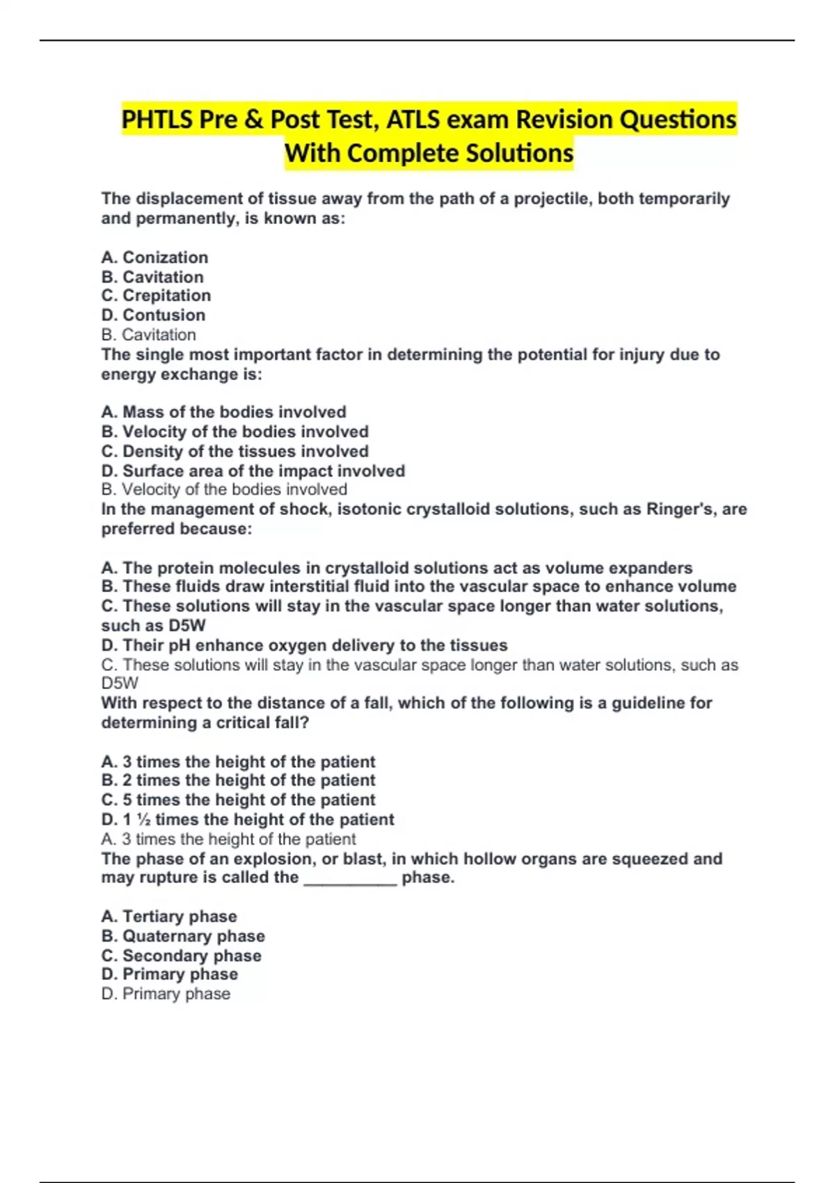 PHTLS Pre & Post Test, ATLS exam Revision Questions With Complete ...