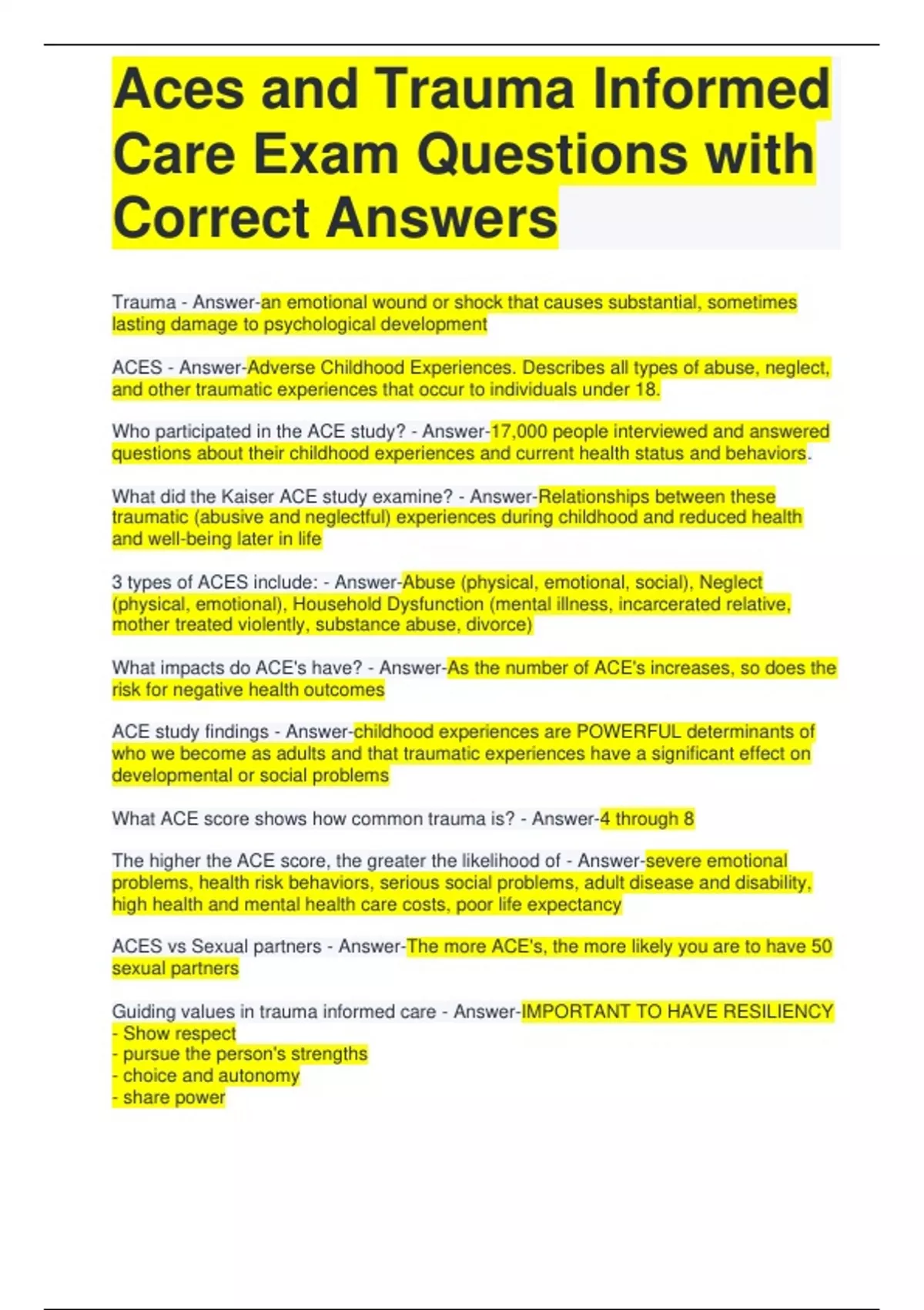 Aces and Trauma Informed Care Exam Questions with Correct Answers ...