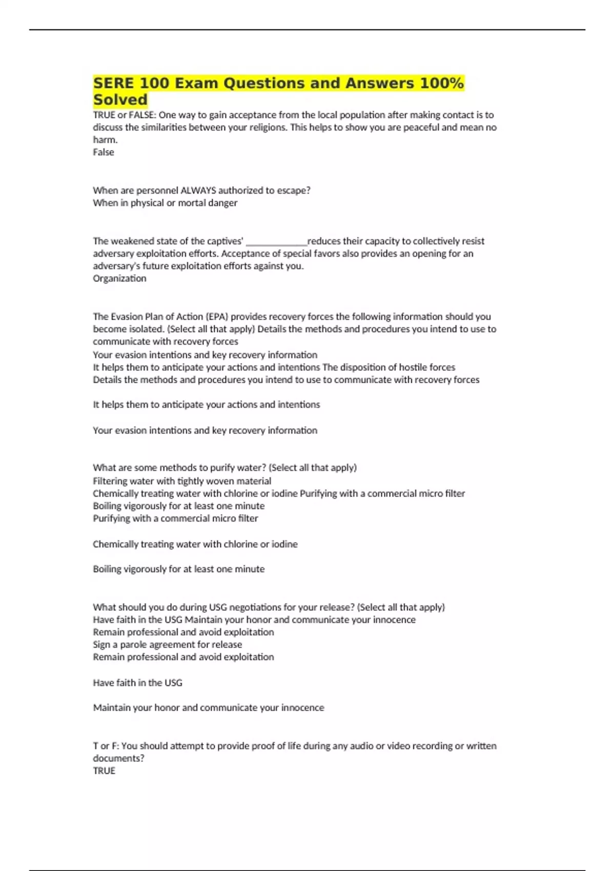 SERE 100 Exam Questions and Answers 100% Solved - Sere 100.2 - Stuvia US