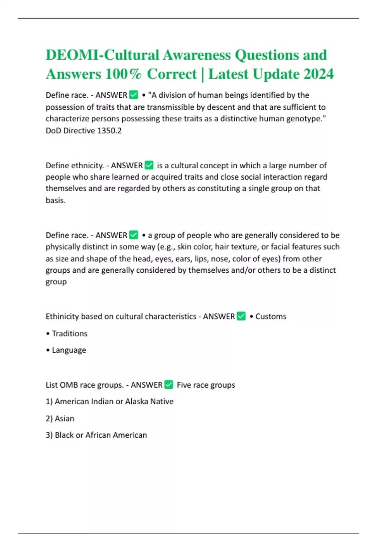 DEOMI-Cultural Awareness Questions and Answers 100% Correct | Latest ...