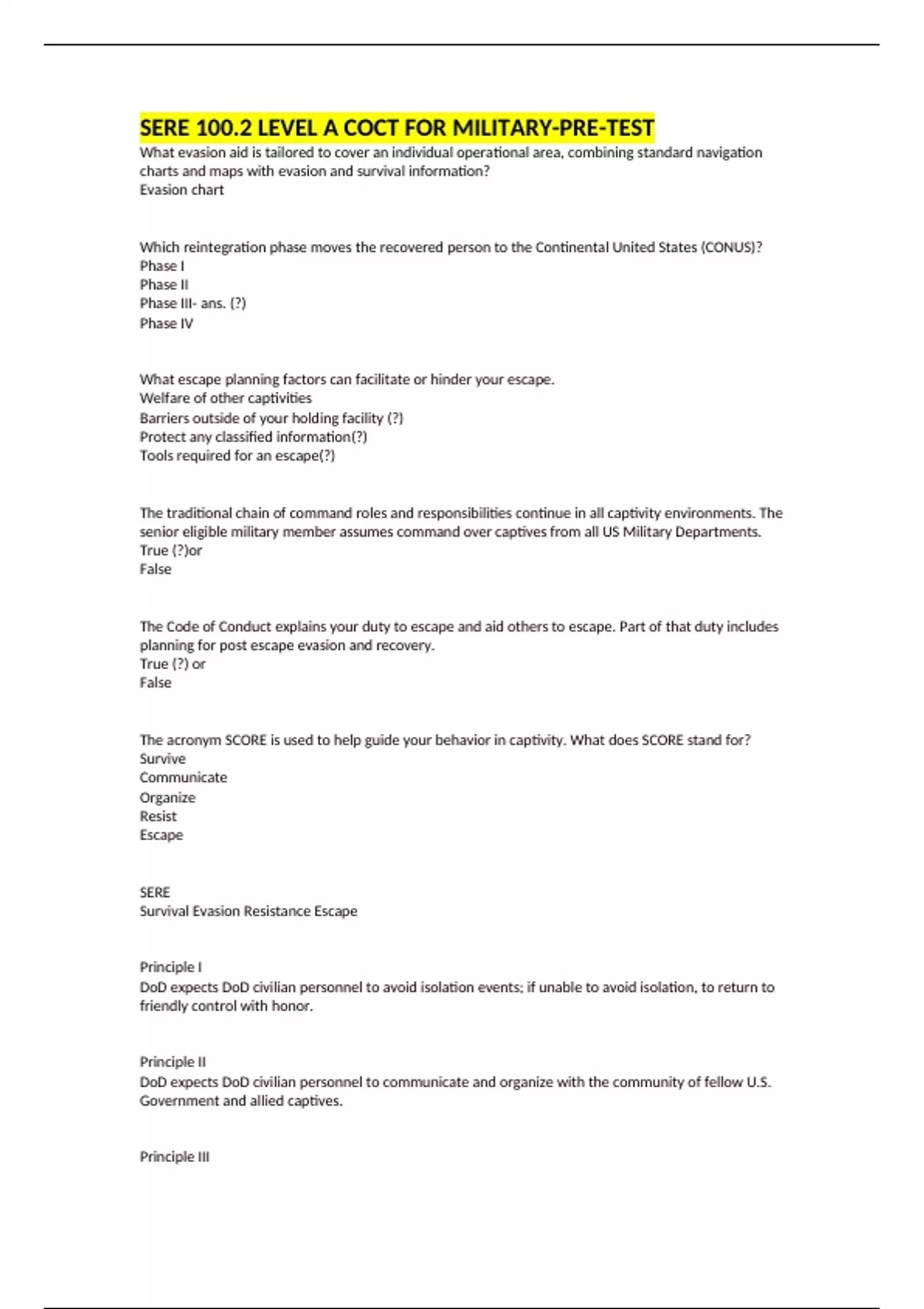 SERE 100.2 LEVEL A COCT FOR MILITARY-PRE-TEST - Sere 100.2 - Stuvia US