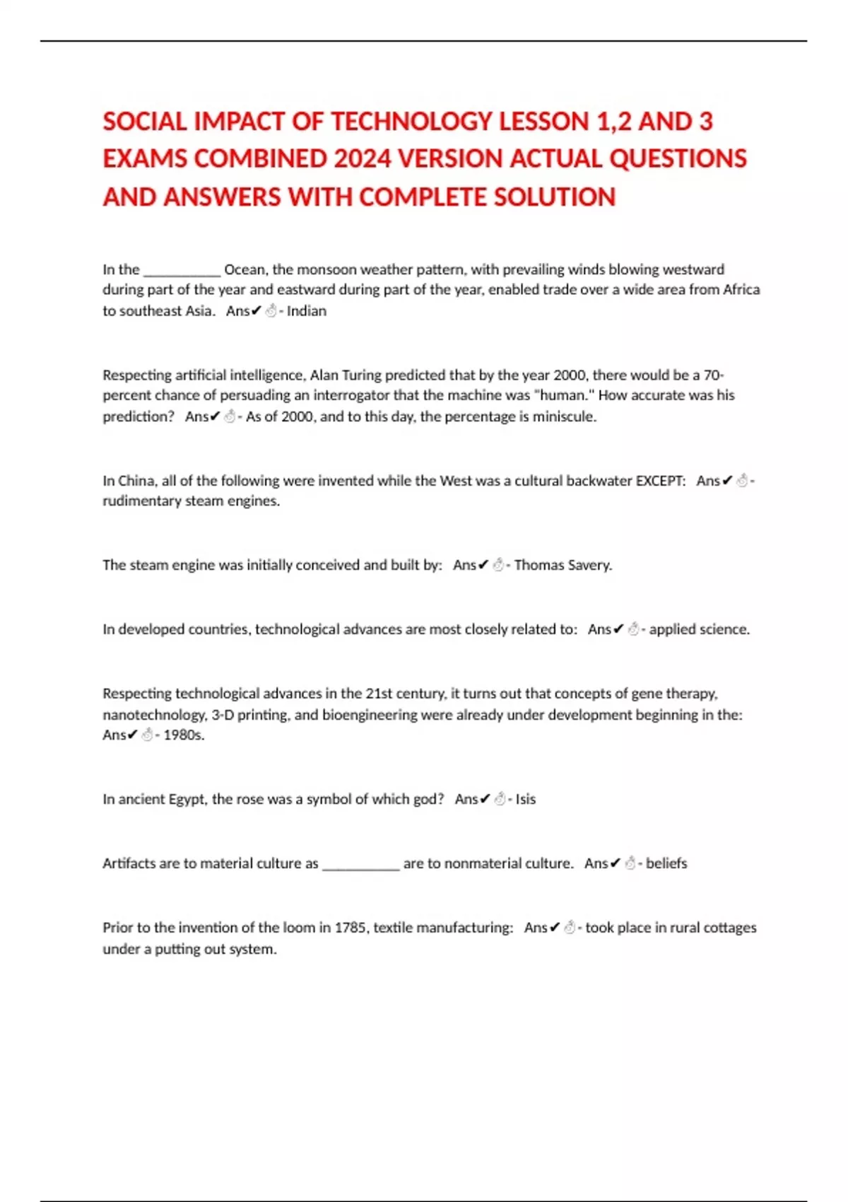 SOCIAL IMPACT OF TECHNOLOGY LESSON 1,2 AND 3 EXAMS COMBINED 2024 ...