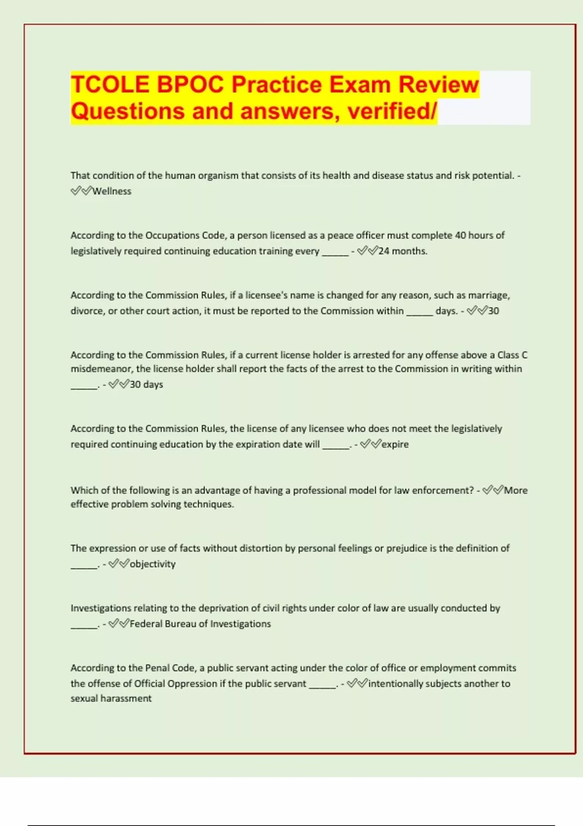 TCOLE BPOC Practice Exam Review Questions and answers, verified ...