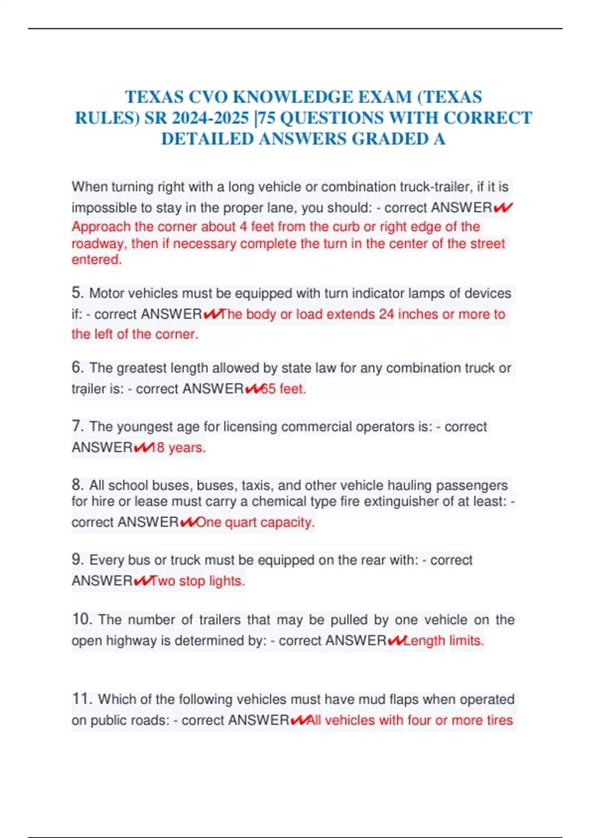 TEXAS CVO KNOWLEDGE EXAM (TEXAS RULES) SR |75 QUESTIONS WITH CORRECT ...