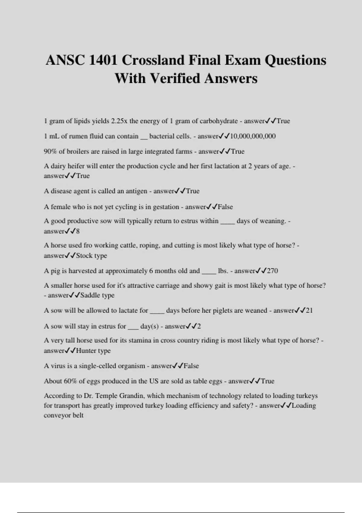 ANSC 1401 Crossland Final Exam Questions With Verified Answers - ANSC ...