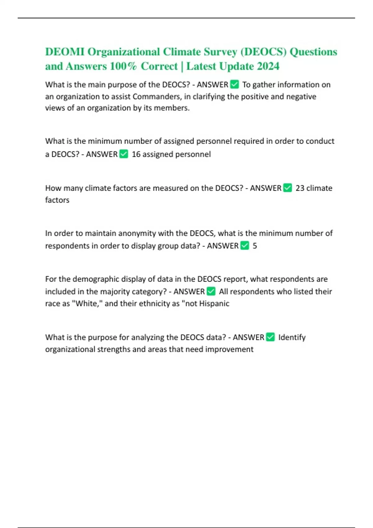 DEOMI Organizational Climate Survey (DEOCS) Questions and Answers 100% ...
