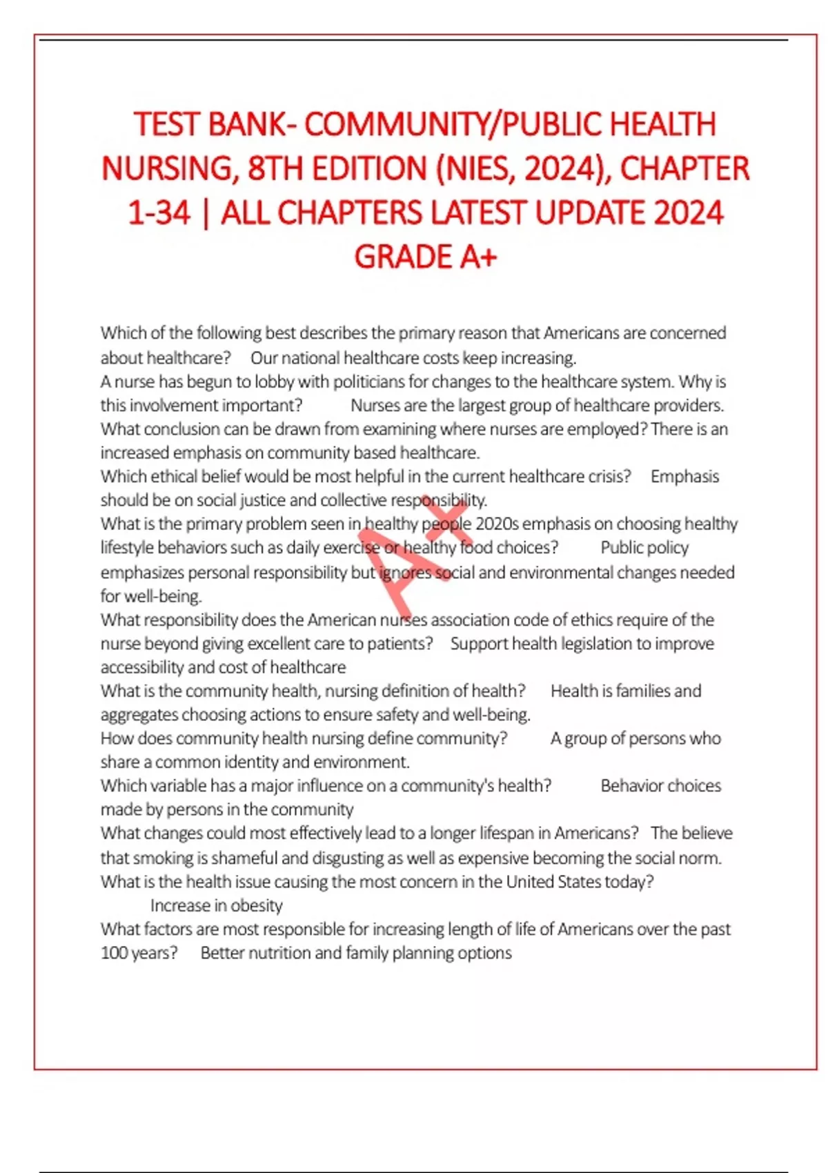 TEST BANK - COMMUNITY/PUBLIC HEALTH NURSING, 8TH EDITION (NIES, 2024 ...