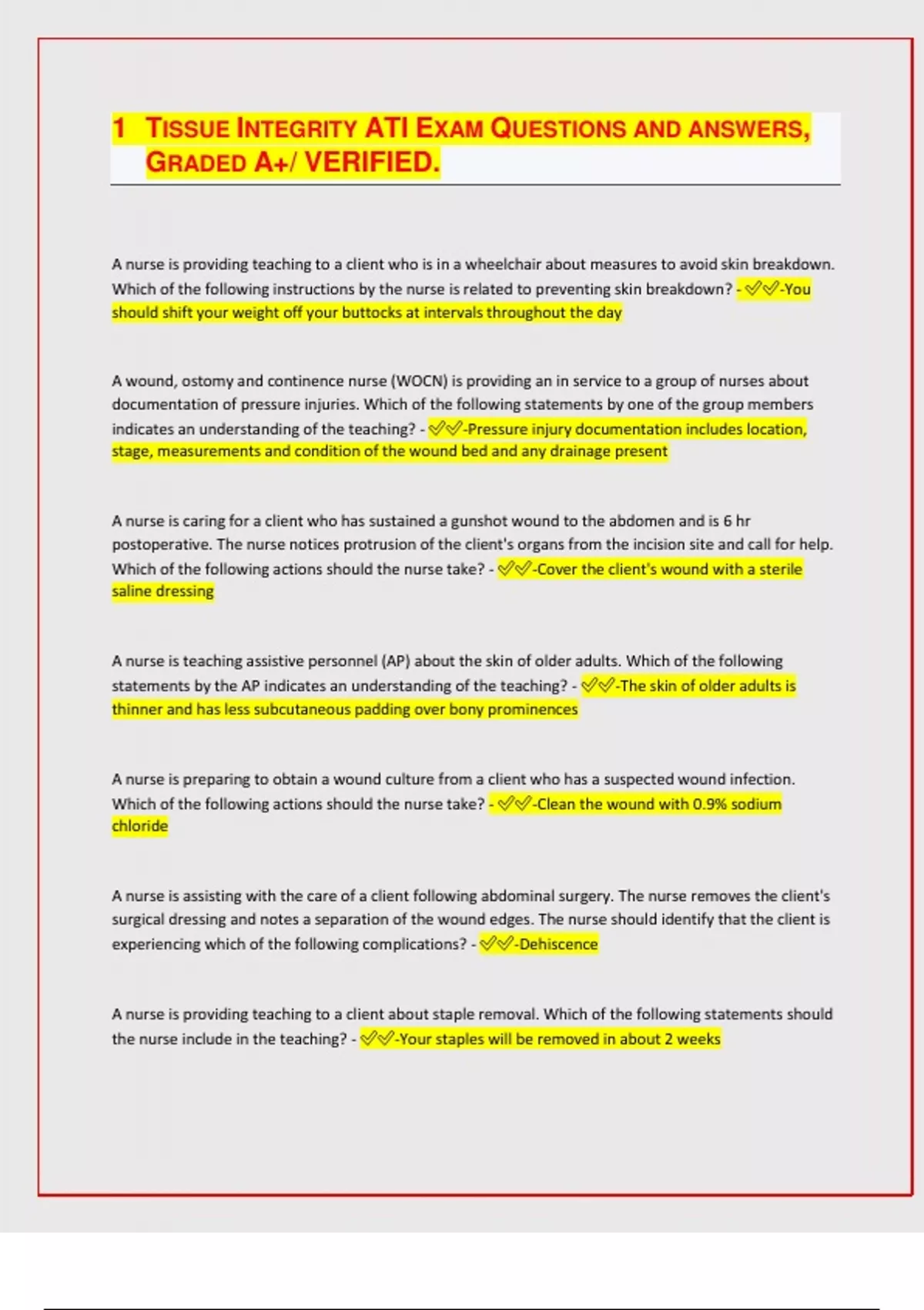 TISSUE INTEGRITY ATI EXAM QUESTIONS AND ANSWERS, GRADED A+/ VERIFIED ...