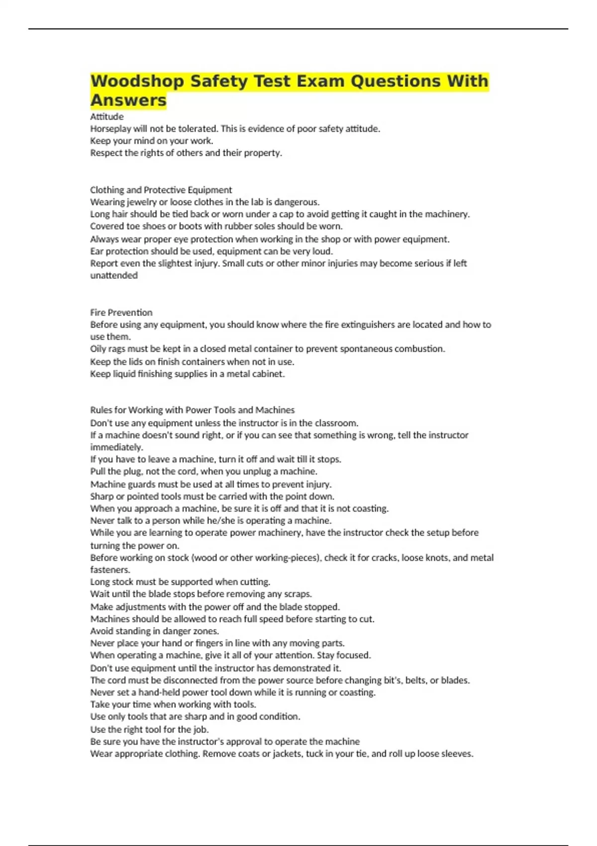 Woodshop Safety Test Exam Questions With Answers - My Woodshop Safety ...