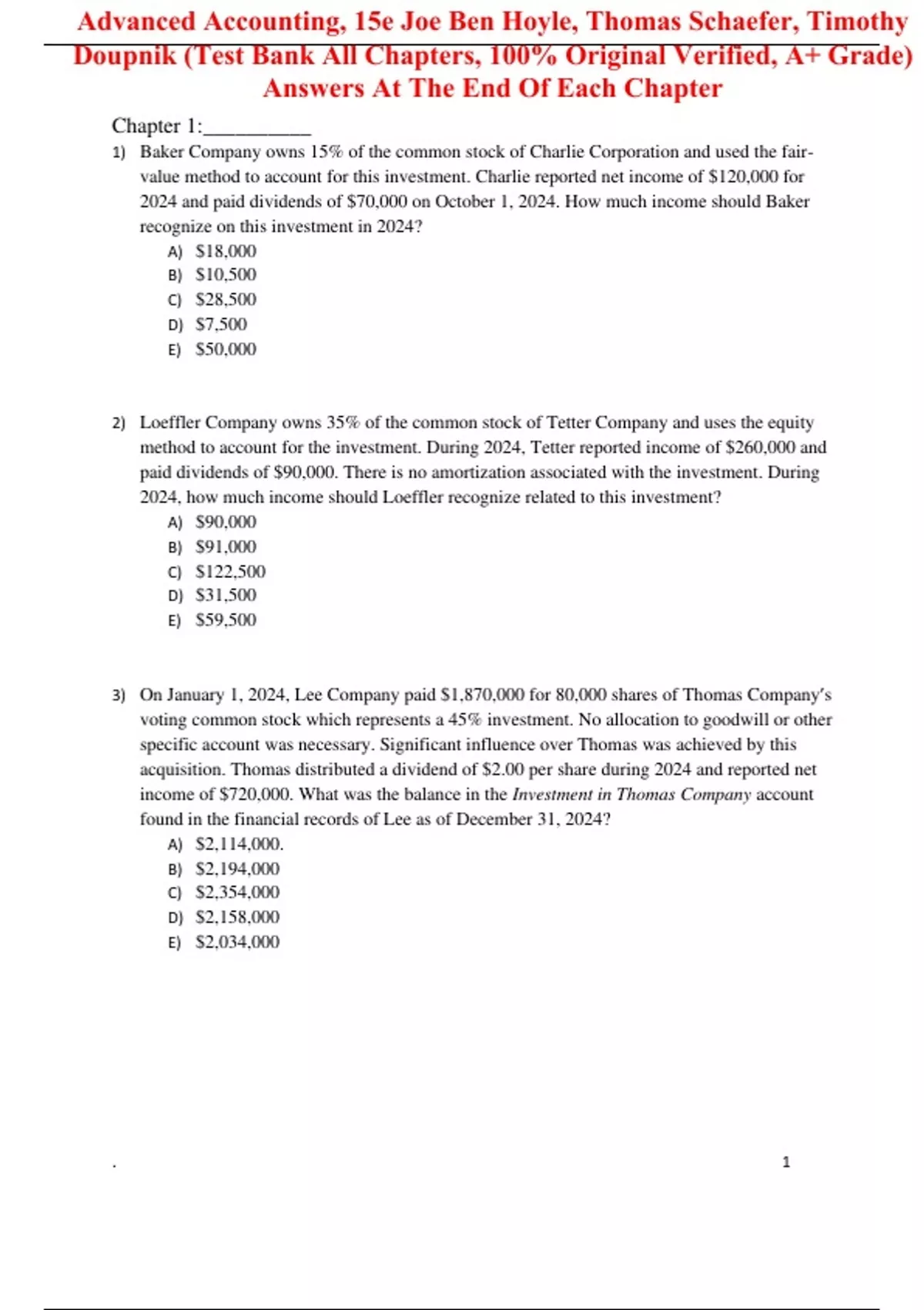 Test Bank for Advanced Accounting 15th Edition By Joe Ben Hoyle, Thomas ...