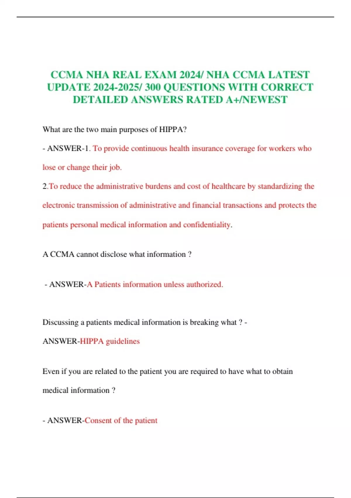 CCMA NHA REAL EXAM 2024/ NHA CCMA LATEST UPDATE / 300 QUESTIONS WITH ...