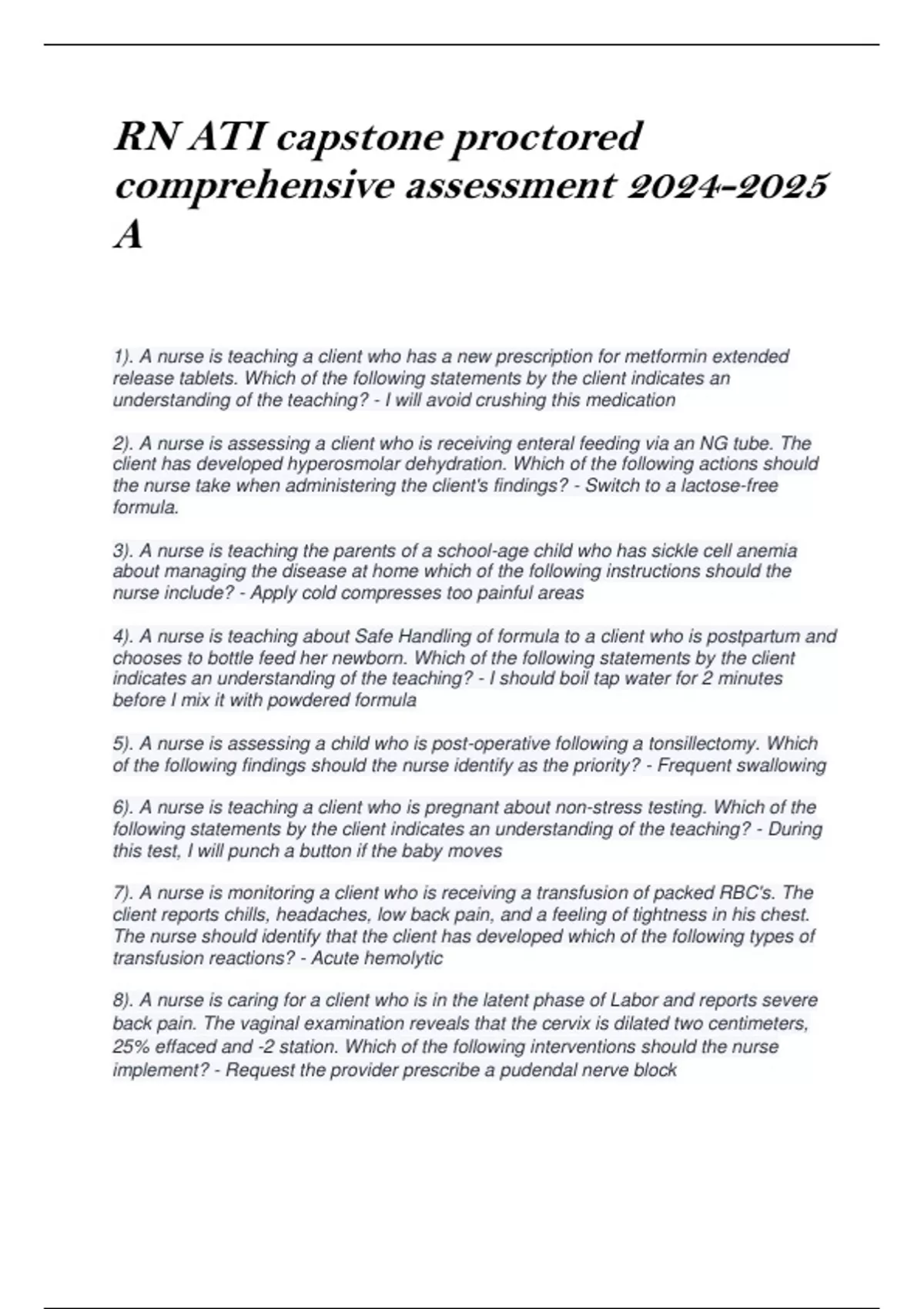 RN ATI capstone proctored comprehensive assessment - RN ATI - Stuvia US